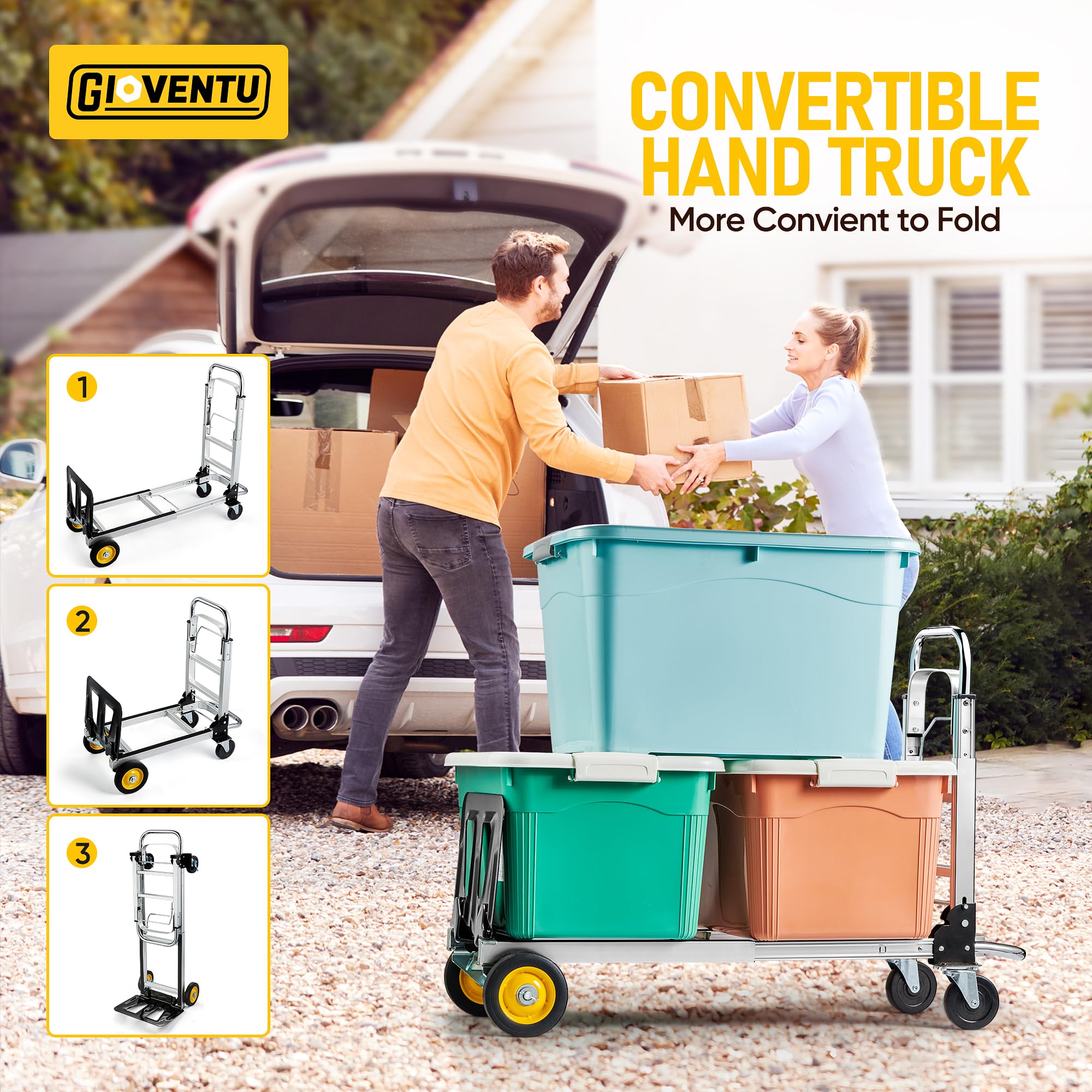 Upgraded Convertible Hand Truck Dolly, 3 in 1 Folding Hand Truck 440 lbs Capacity, Aluminum ...