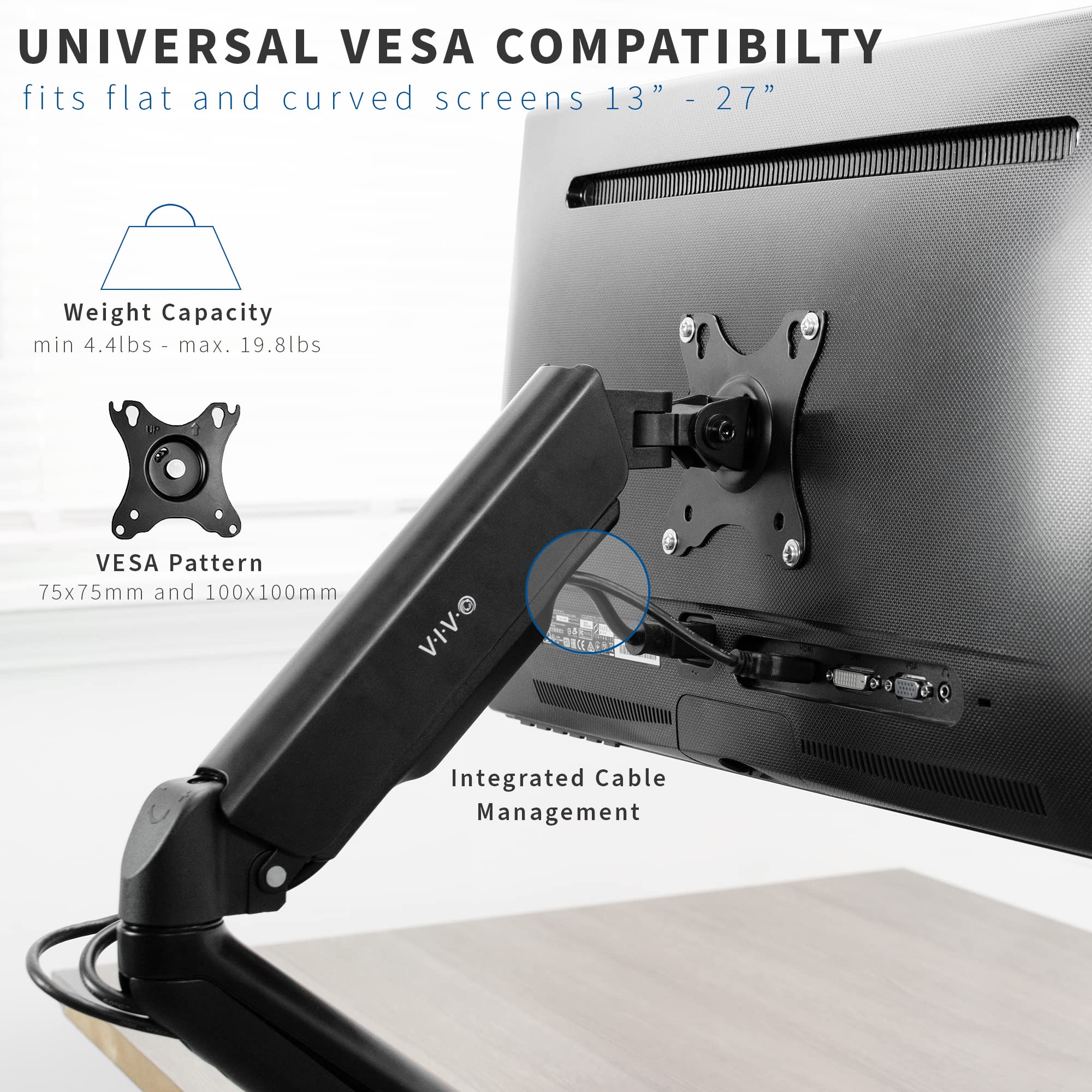 VIVO Height Adjustable Monitor Arm - Single Counterbalance Desk Mount ...