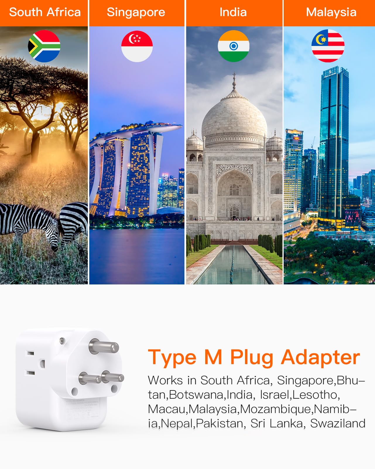 Snapklik.com : 2 Pack South Africa Power Adapter, Type M Travel Plug