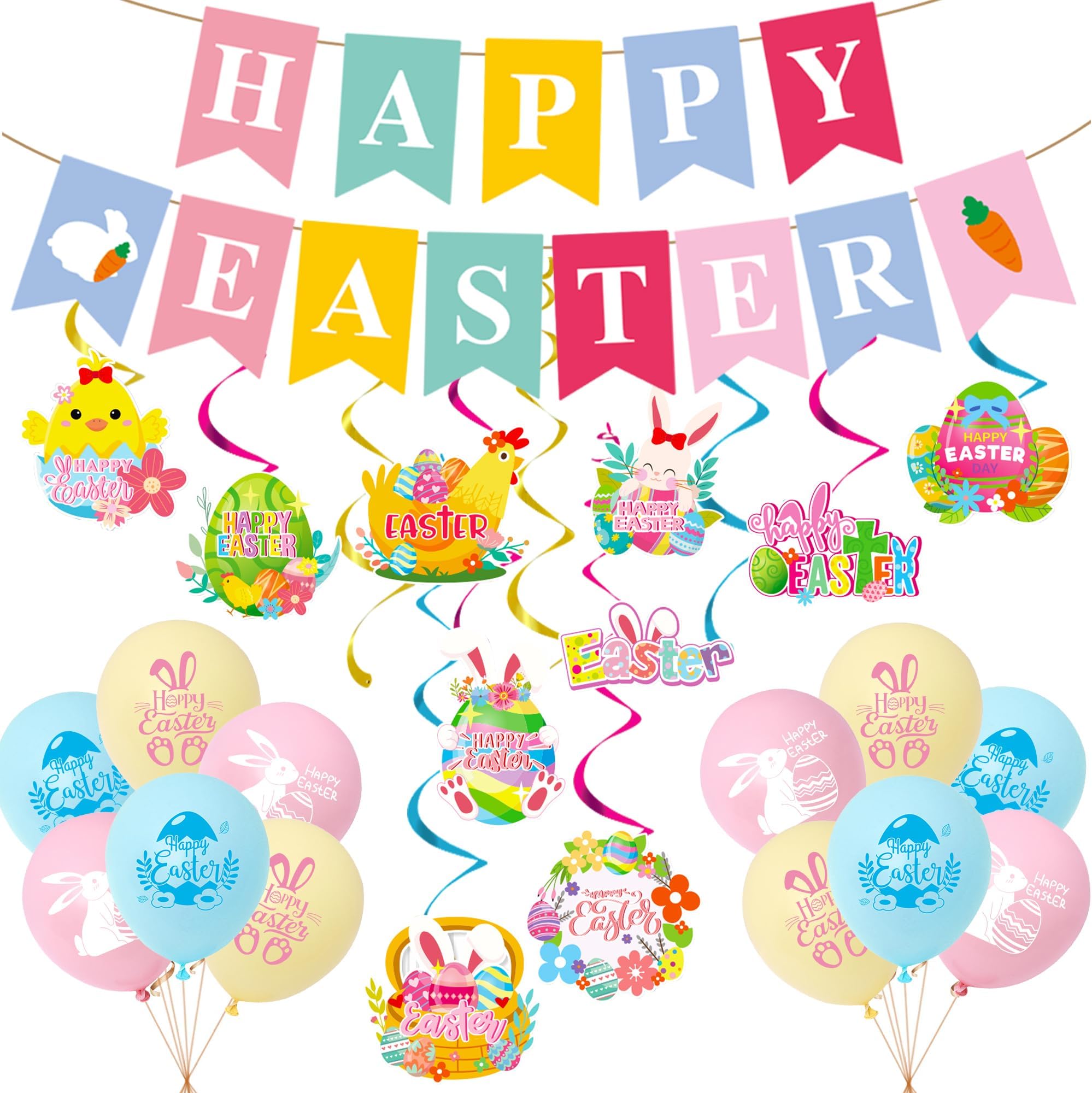38Pcs Easter Decorations Happy-Easter Bunting - Hanging Banner Ceiling ...