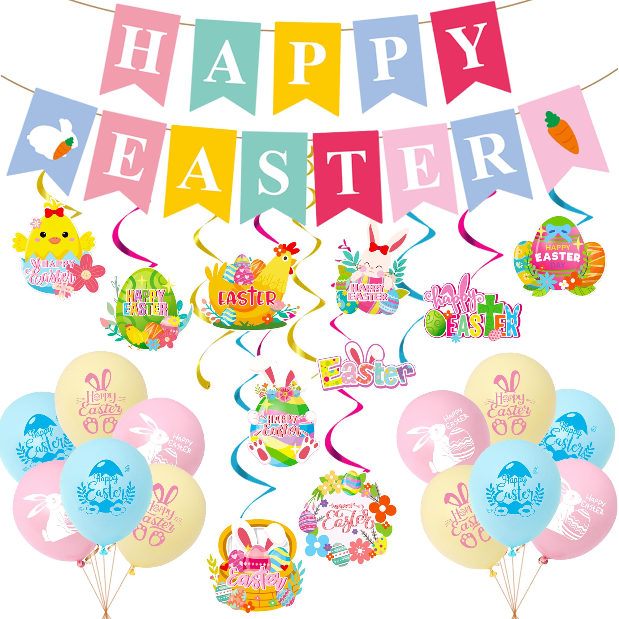 38Pcs Easter Decorations Happy-Easter Bunting - Hanging Banner Ceiling ...