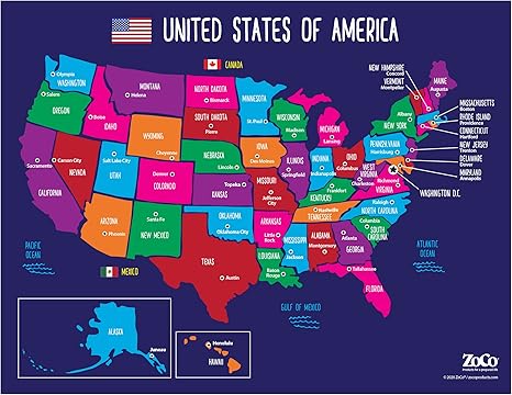 Map of USA States and Capitals Poster - Laminated, 17 x 22 inches ...