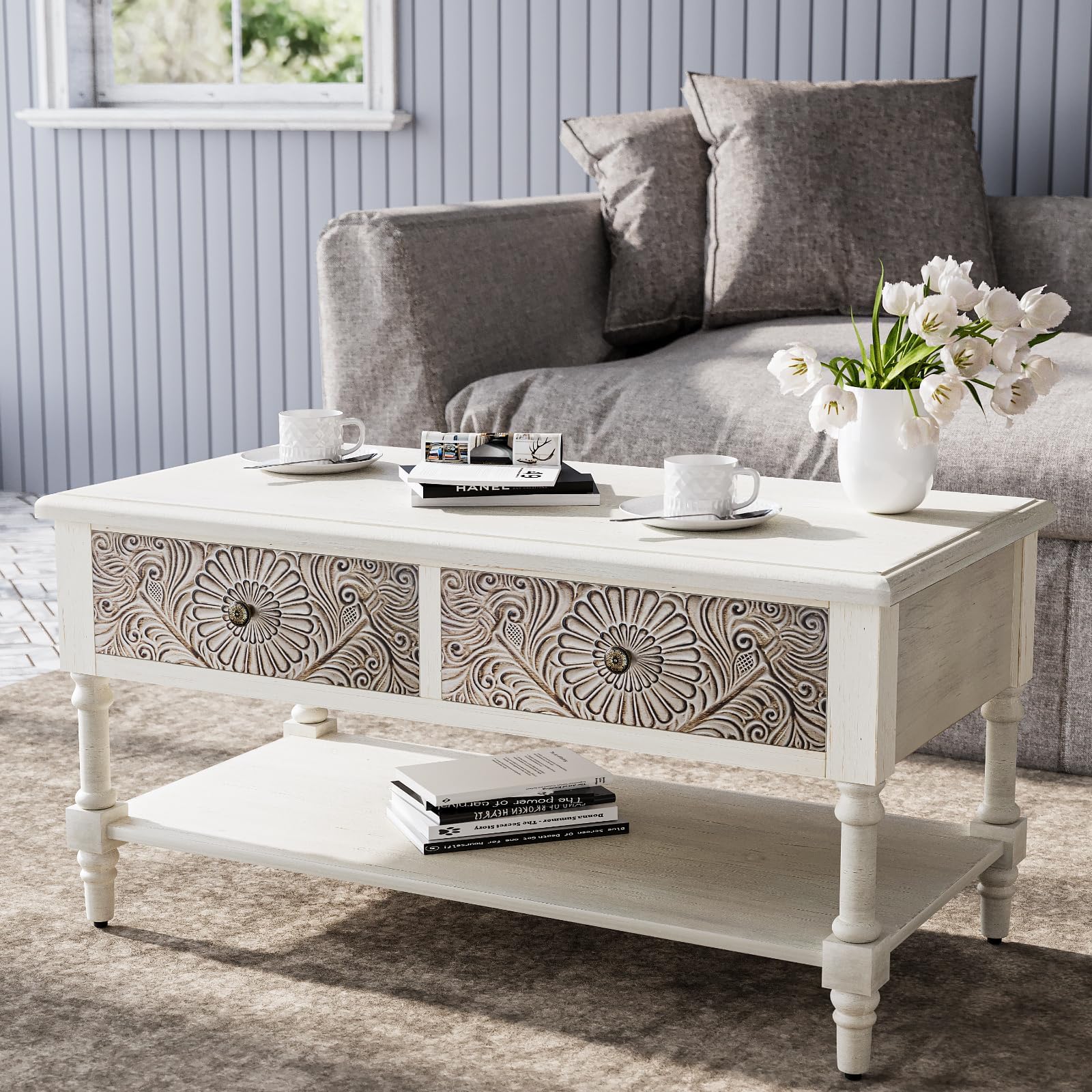 Amazon.com: CHEEMHOM Farmhouse Coffee Table - 43" Oblong Solid Wood ...