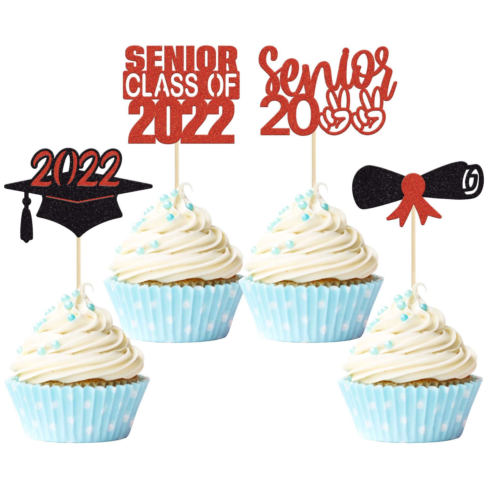 Buy Gyufise 24 Pack 2022 Graduation Theme Cupcake Toppers Red Glitter ...