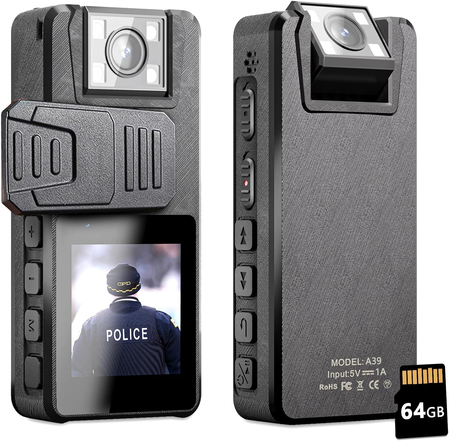 Hoestr Caméra corporelle 64 Go, caméra corporelle 1296p (2500 mAh) avec ...