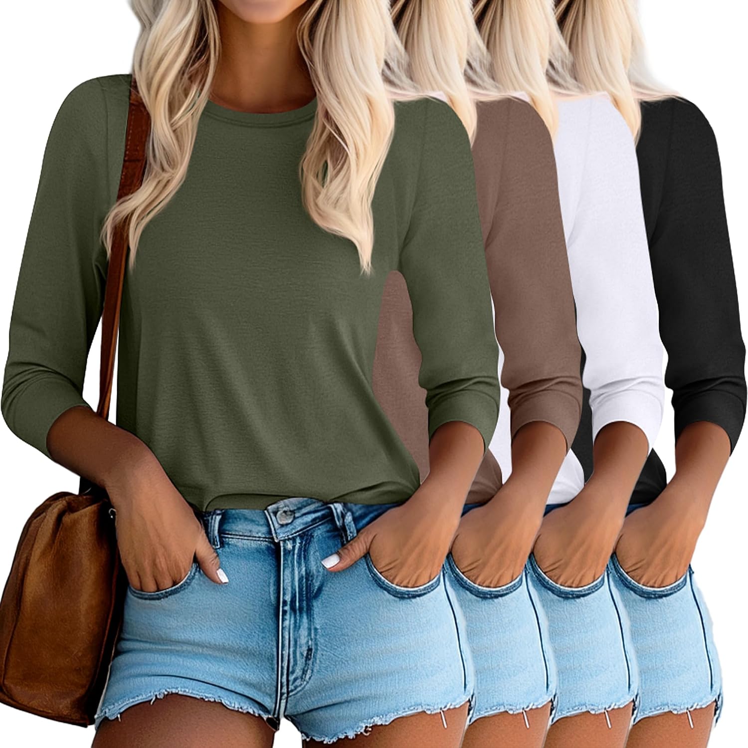 Huukeay 4 Pack Women's 3/4 Length Sleeve Tops Round Neck Casual Basic ...