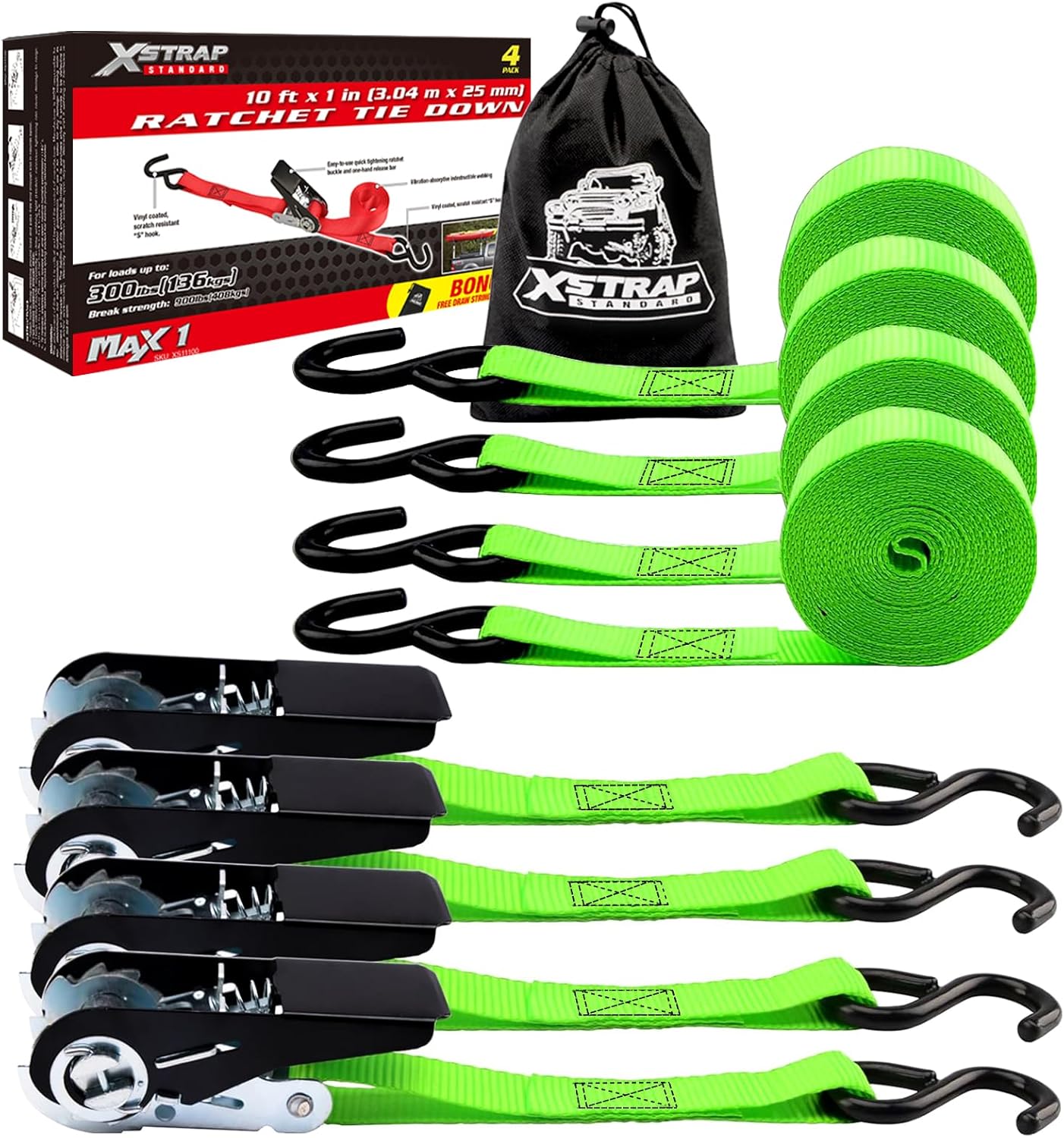 Amazon.com: XSTRAP STANDARD Ratchet Tie Down Straps 4 Pk 10 Ft- 300 Lbs ...