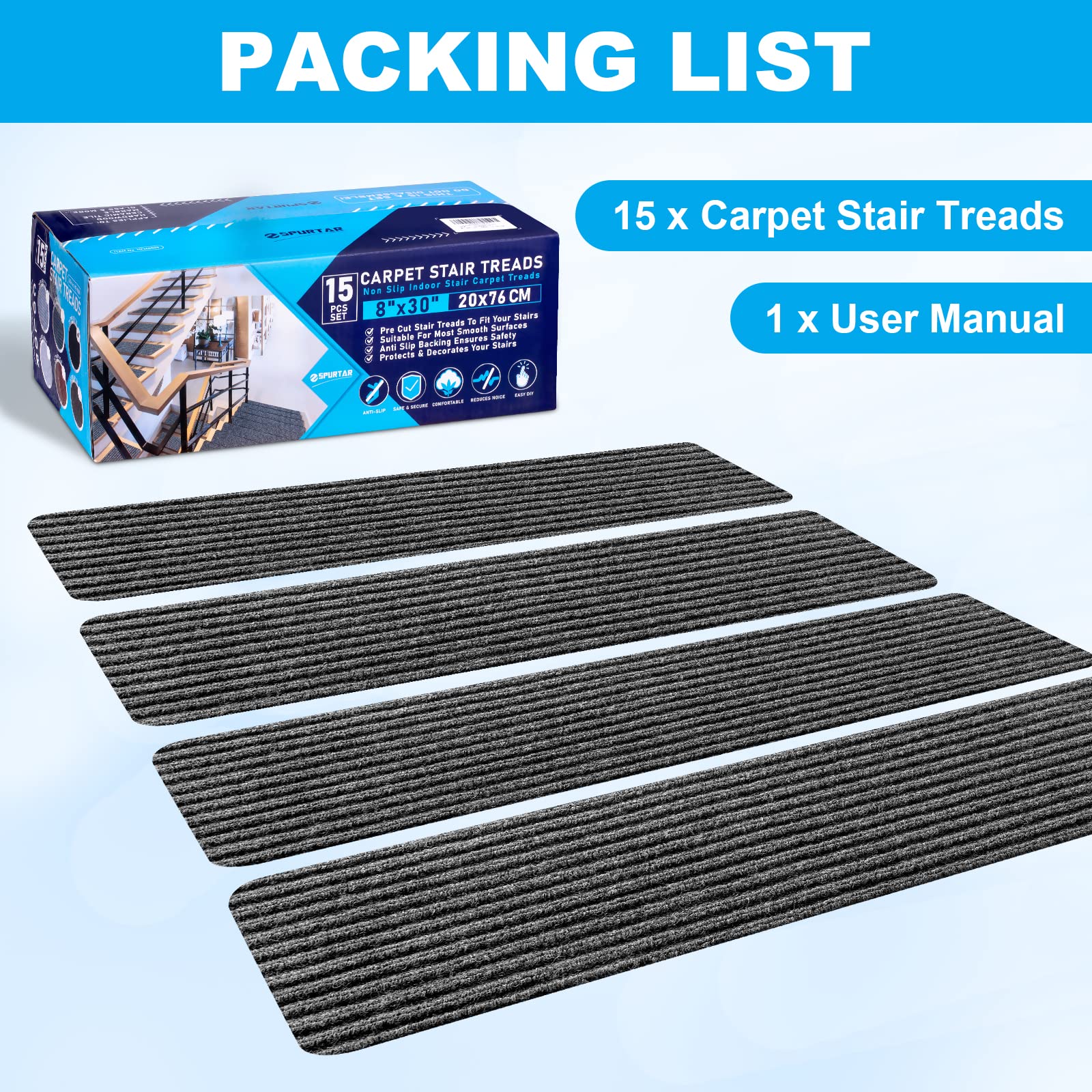Spurtar Peel and Stick Stair Treads, 15 Pack 30" x 8" Striped Carpet ...