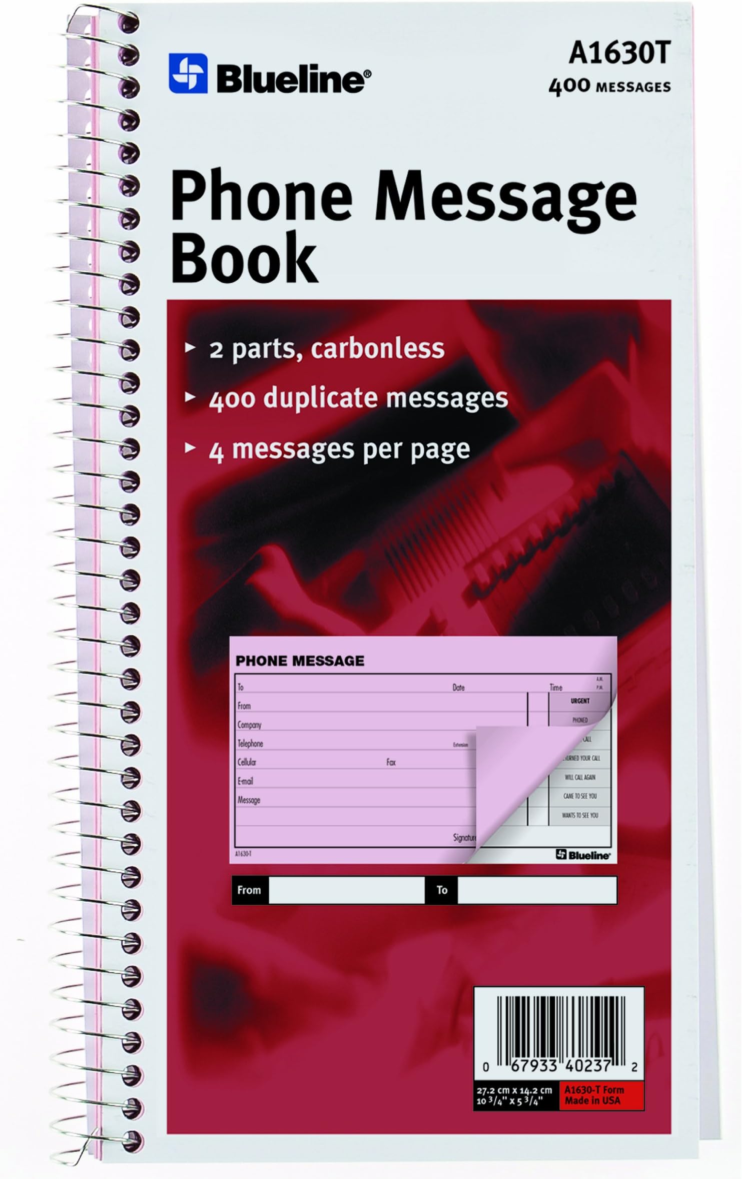 Blueline Telephone Message Book Spiral Binding 400 Messages Duplicates ...