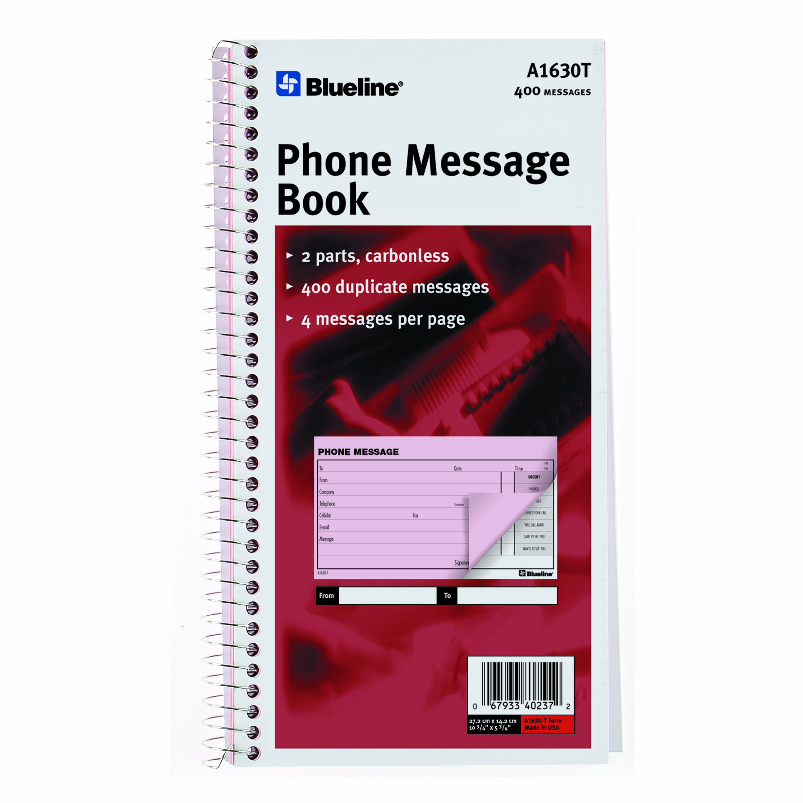 Blueline Telephone Message Book Spiral Binding 400 Messages Duplicates ...