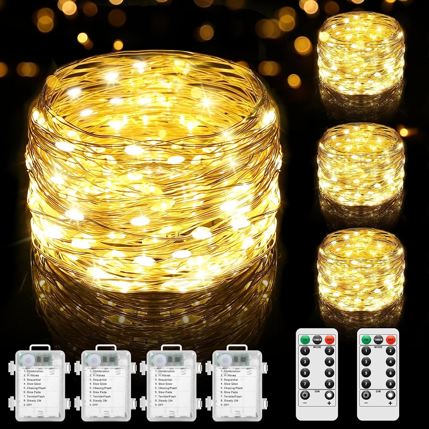 Lakumu 4-Pack 33FT 100 LED Fairy Lights Battery Operated, Remote ...