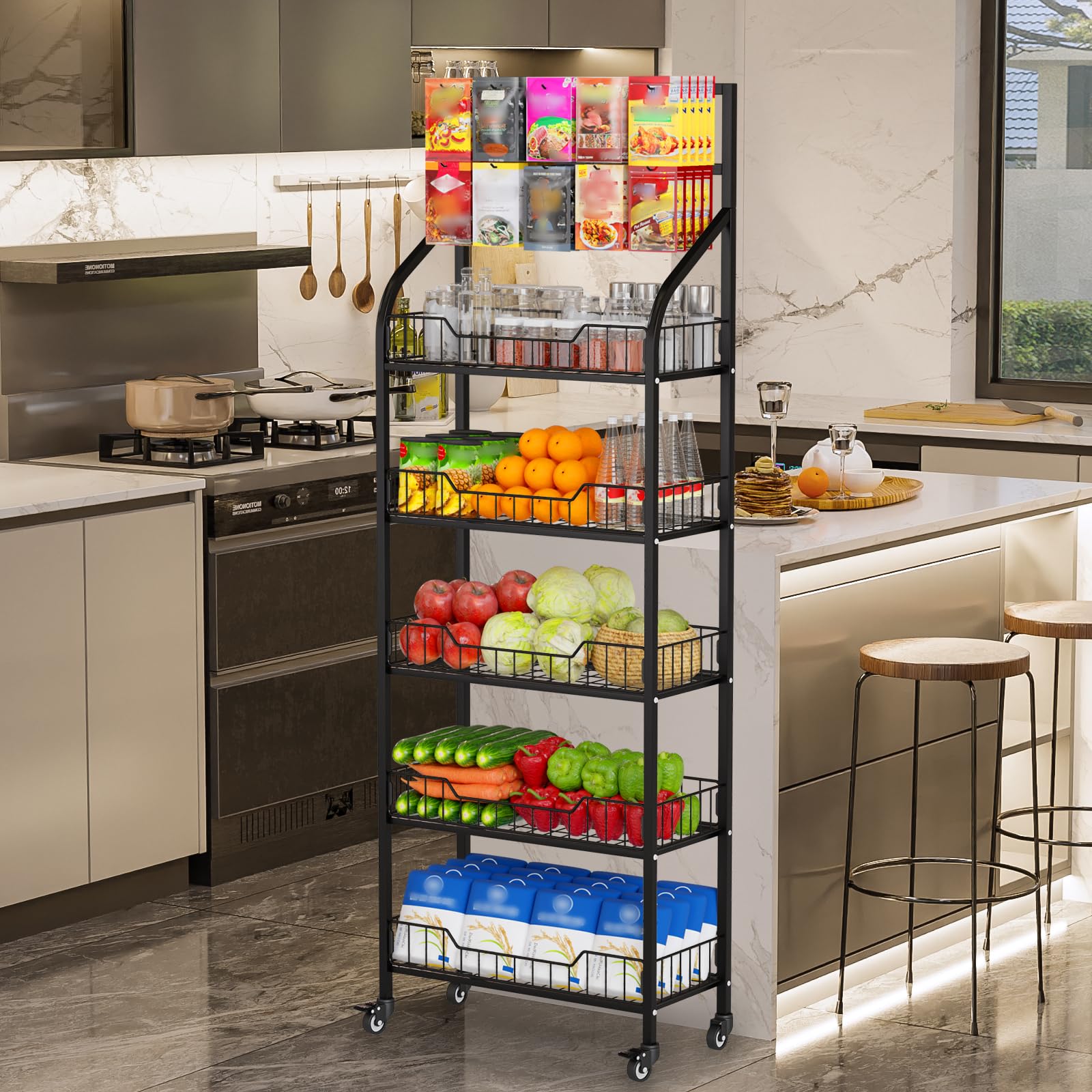 Display Snack Rack, 5 Tier Black Metal Display Snacks Rack with Wheels ...