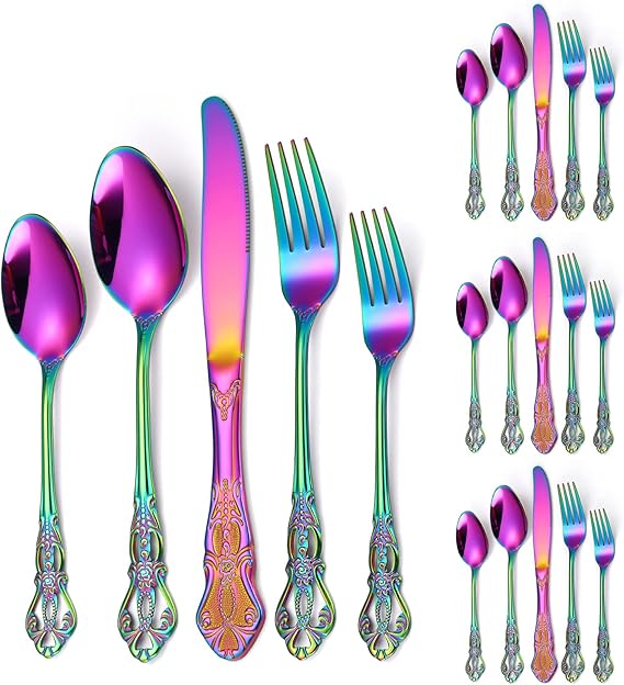 Amazon.com | A · HOUSEWARE Retro Silverware Rainbow Set for 4 Stainless ...