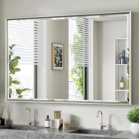 Amazon.com: QueenFun 48 x 30 Brushed Nickel Bathroom Mirror, Beveled ...