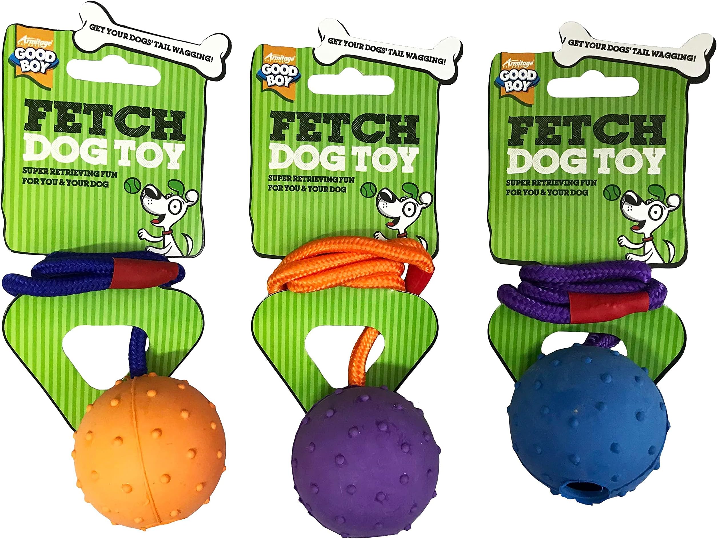 3 PACK GOODBOY FETCH DOG TOY BOUNCY PIMPLED RUBBER BALL ON ROPE THROW ...