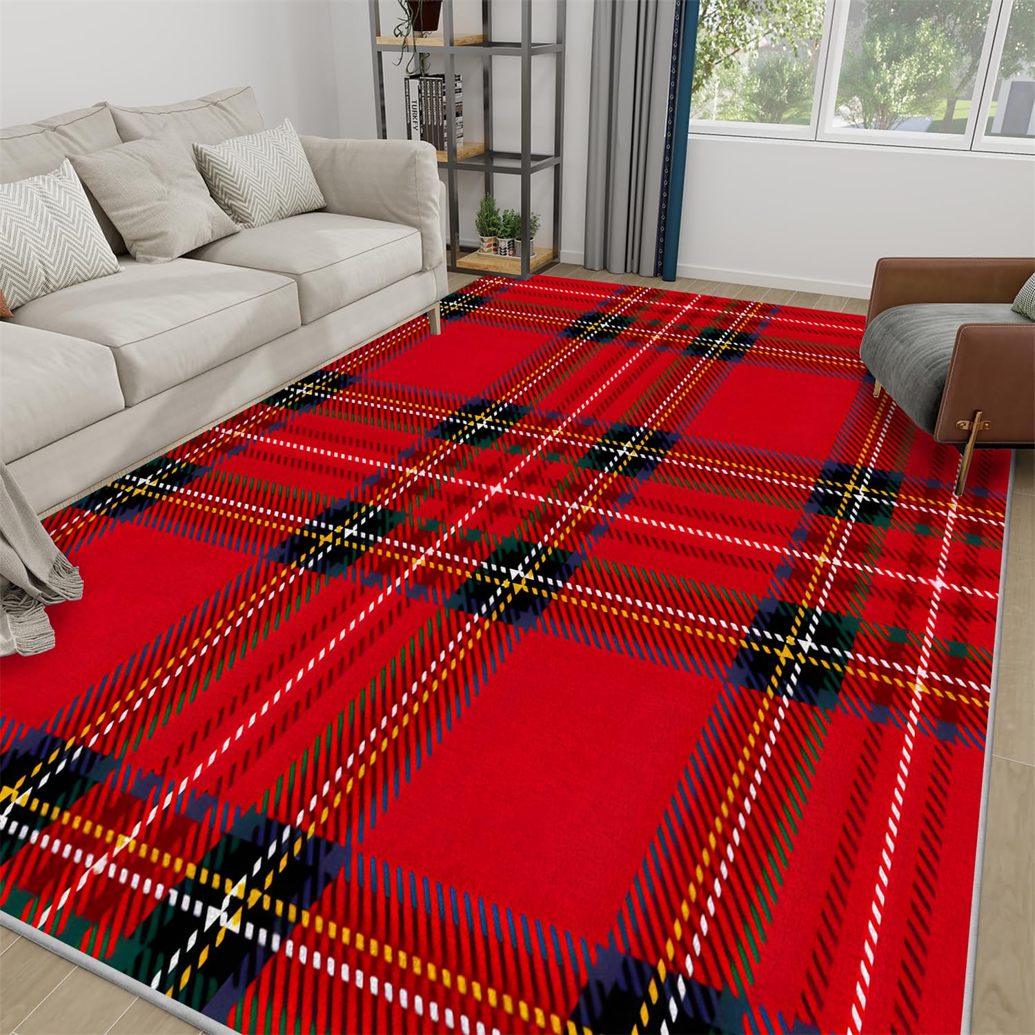 Plaid Xmas Festive Rug, Holiday Print Rugs for Living Room, Washable ...