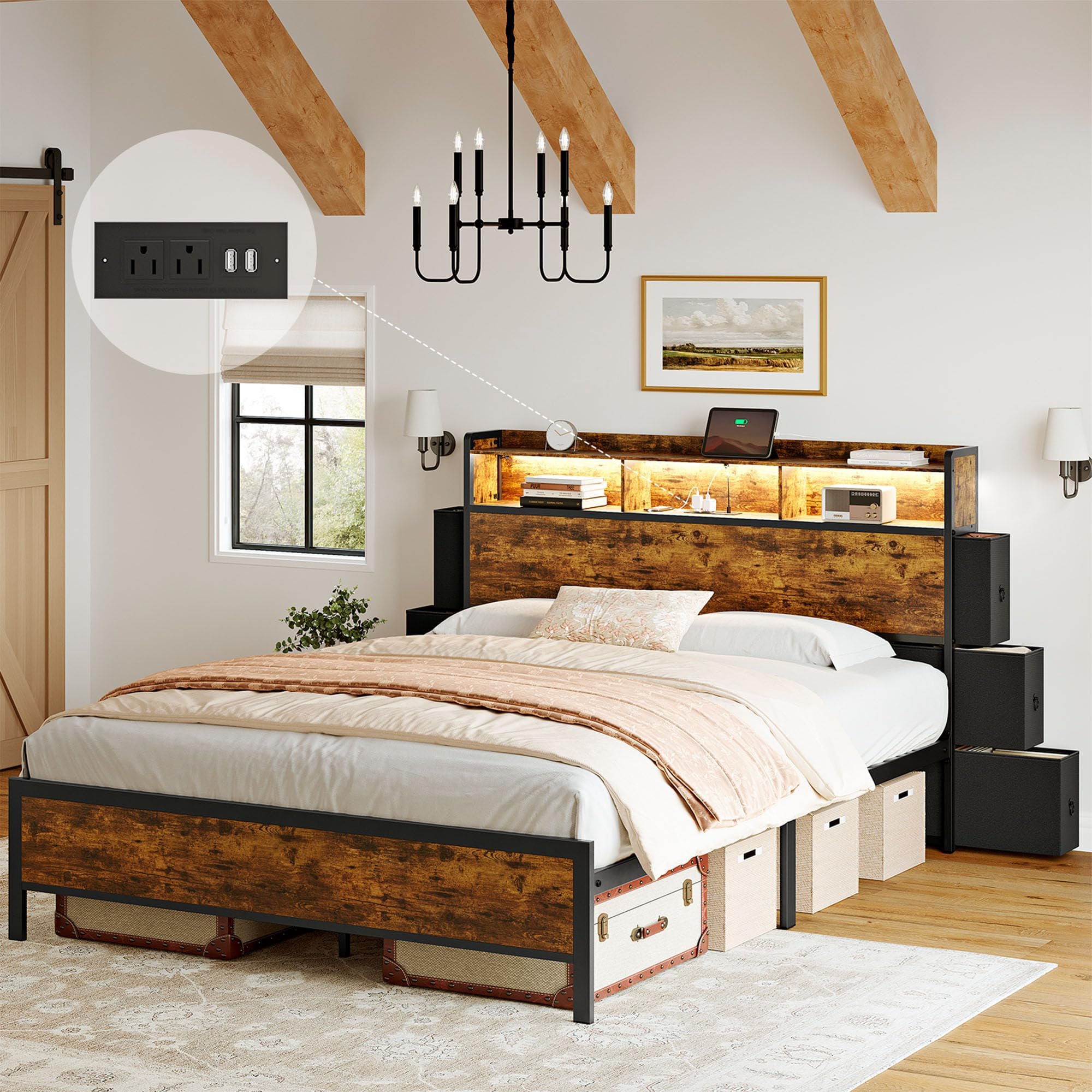 FABATO Base Cama Queen Size - Cabecera Acolchada con 2 cajones ...