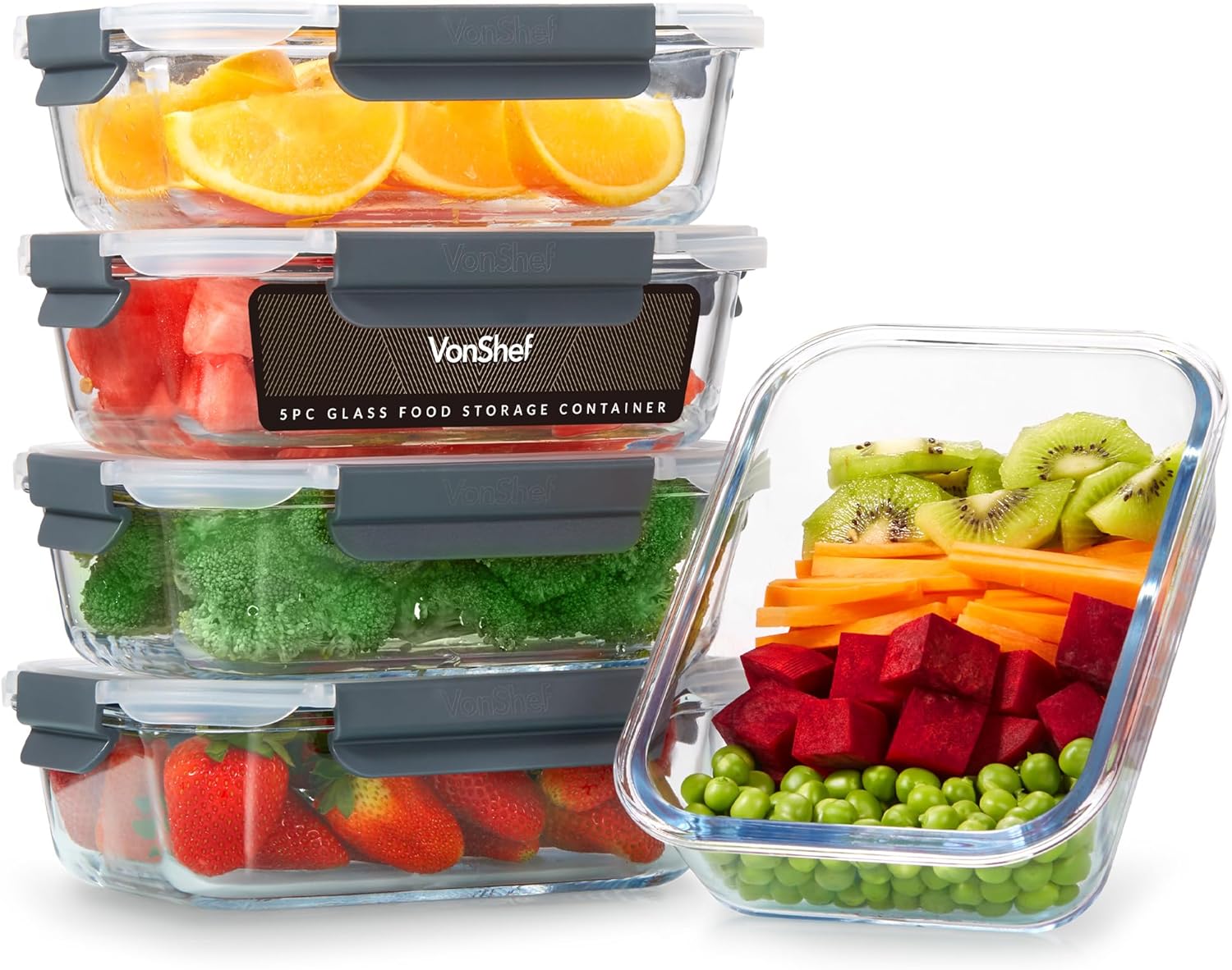 VonShef Glass Containers with Lids - 5 Piece Meal Prep Food Lunch Boxes ...