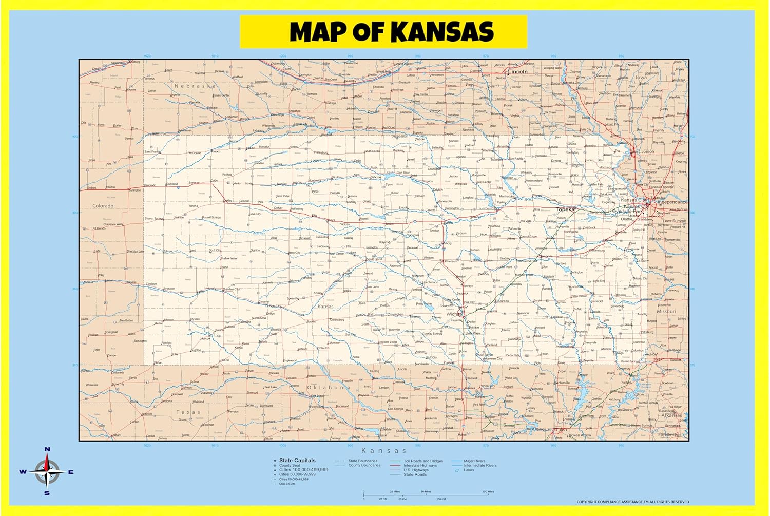 Amazon.com - Map Of Kansas Style D - 20x30 - Laminated Wall Map Poster ...