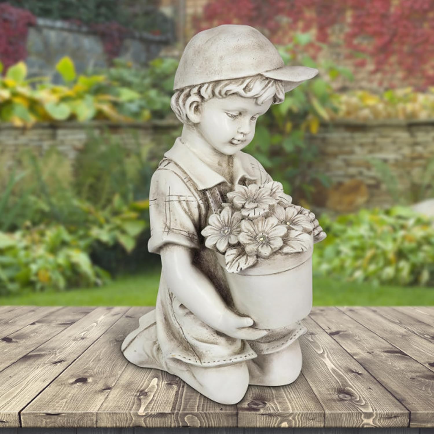 Amazon.com : Exhart Garden Sculpture, Solar Boy Garden Statue with ...