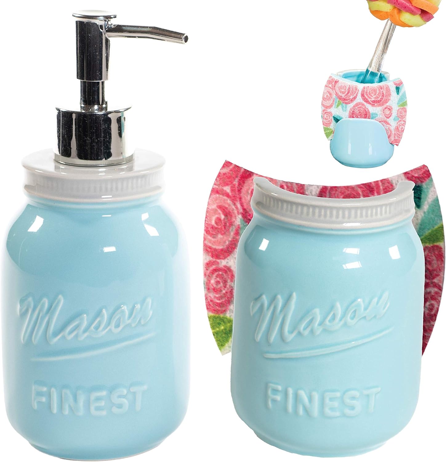 Amazon.com: Sparrow Decor Mason Soap Pump & Sponge Holder Set (Blue ...