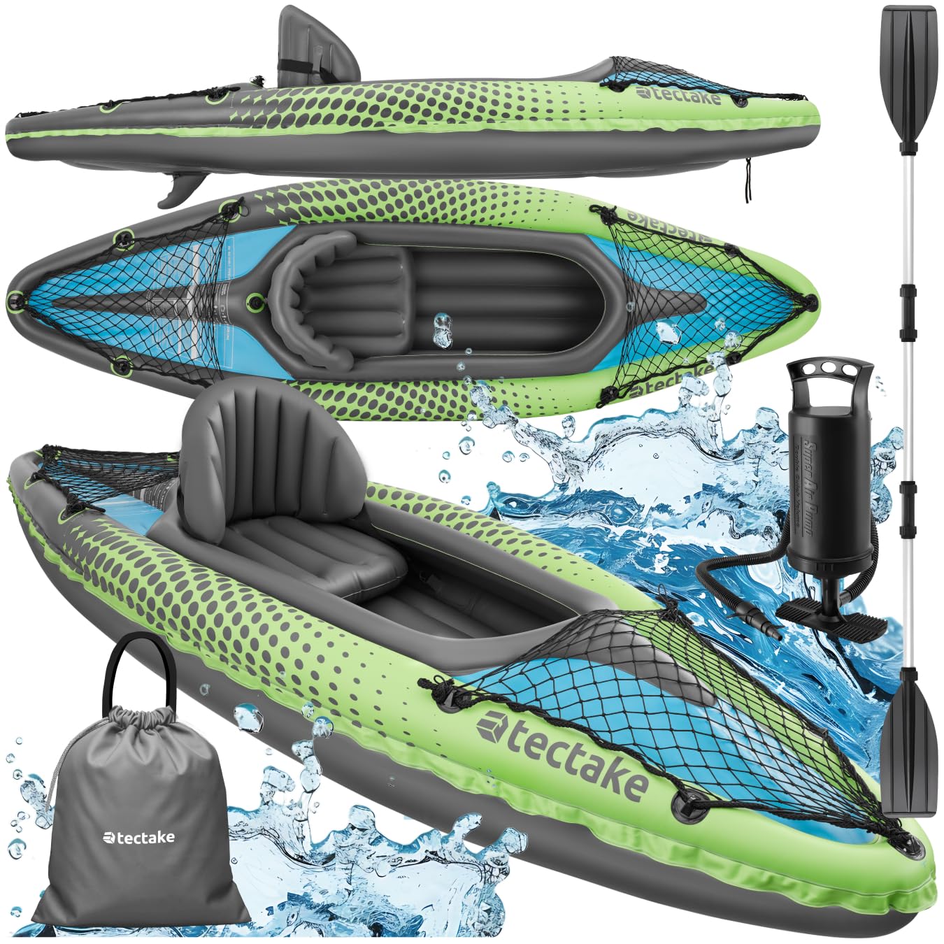 tectake® Inflatable Kayak with Durable PVC Material, Aluminium Double ...