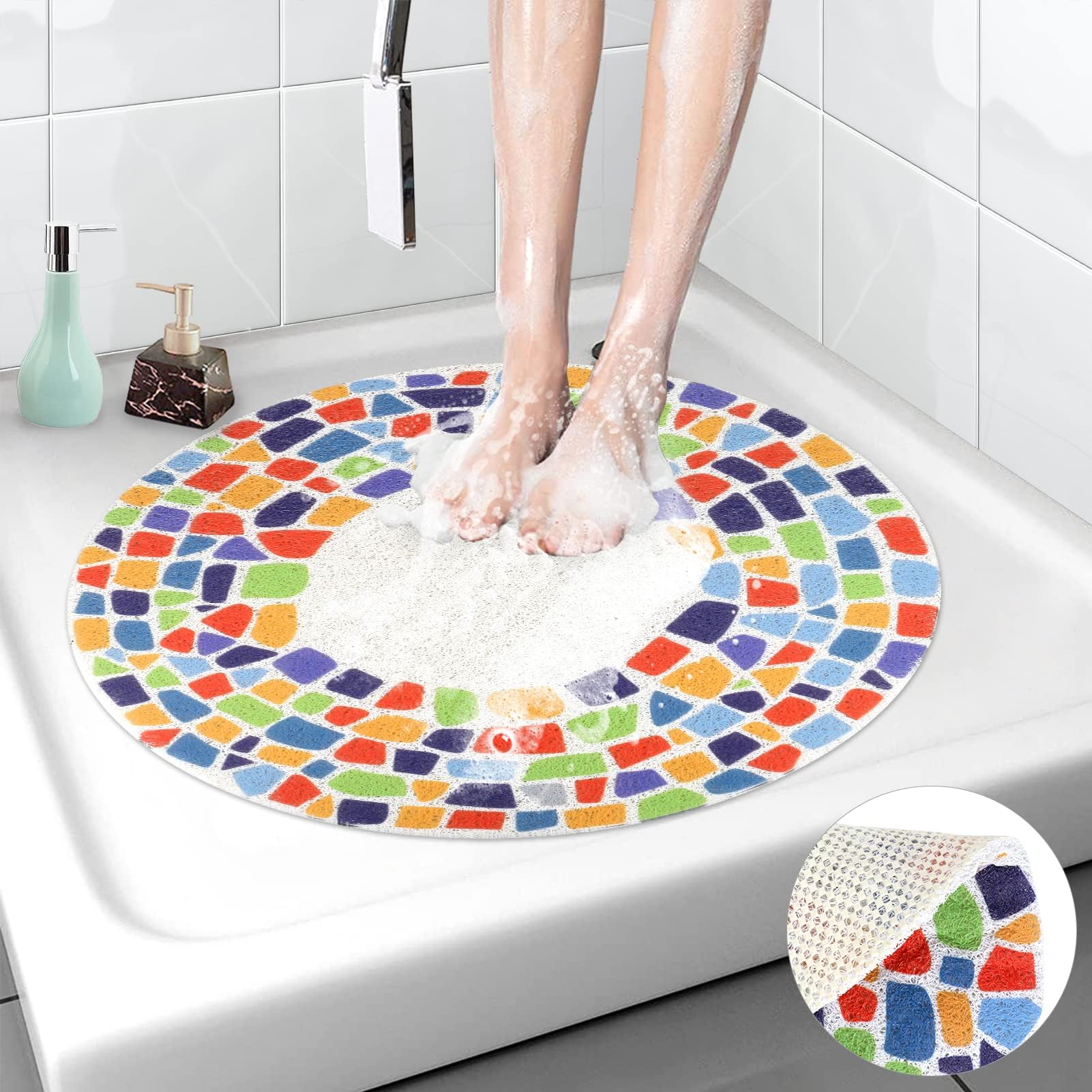 Showerdrape Petal Non Slip Round Shower Mat, White Bath Matt With ...