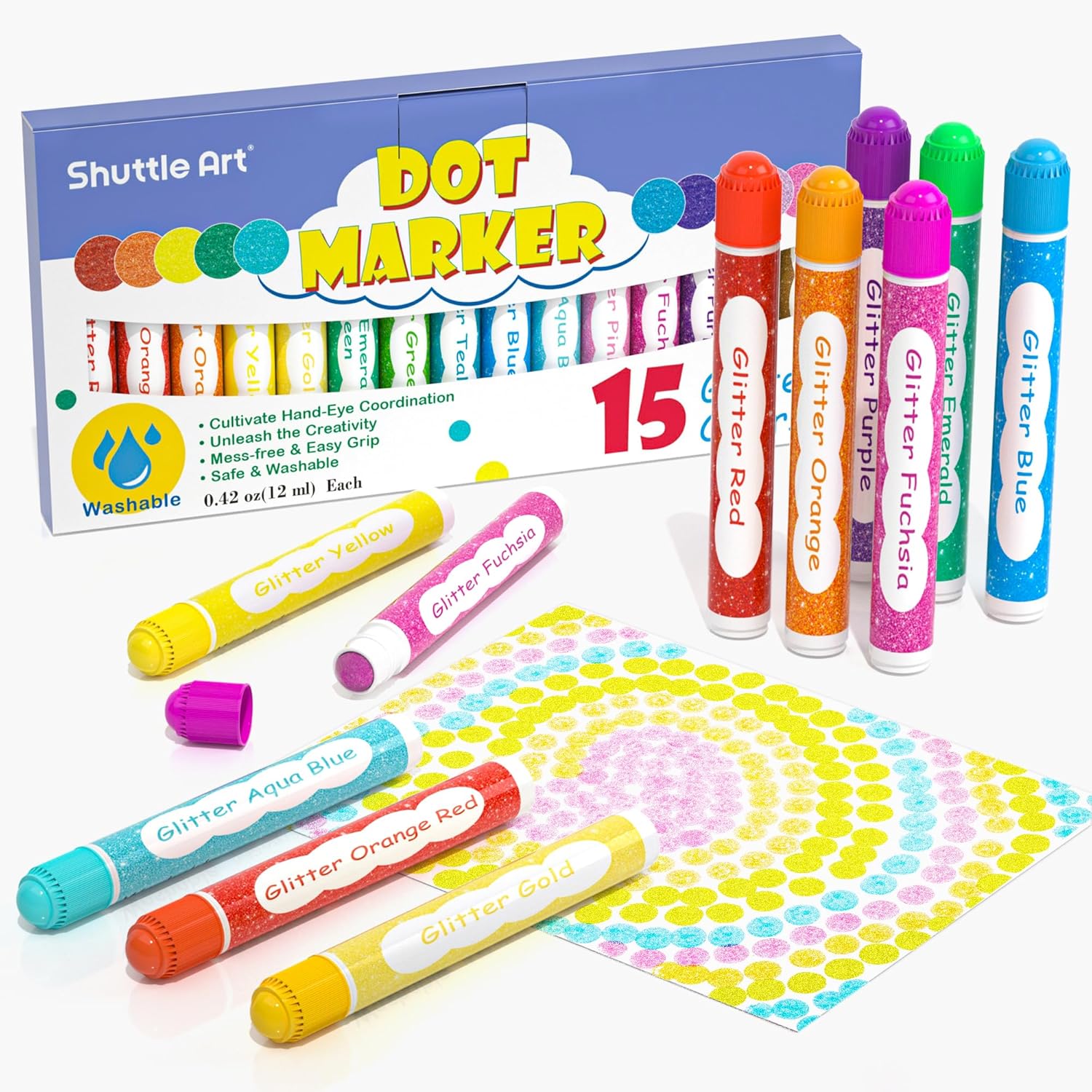 Amazon.com: Shuttle Art Shimmer Dot Markers, 15 Glitter Colors Washable ...
