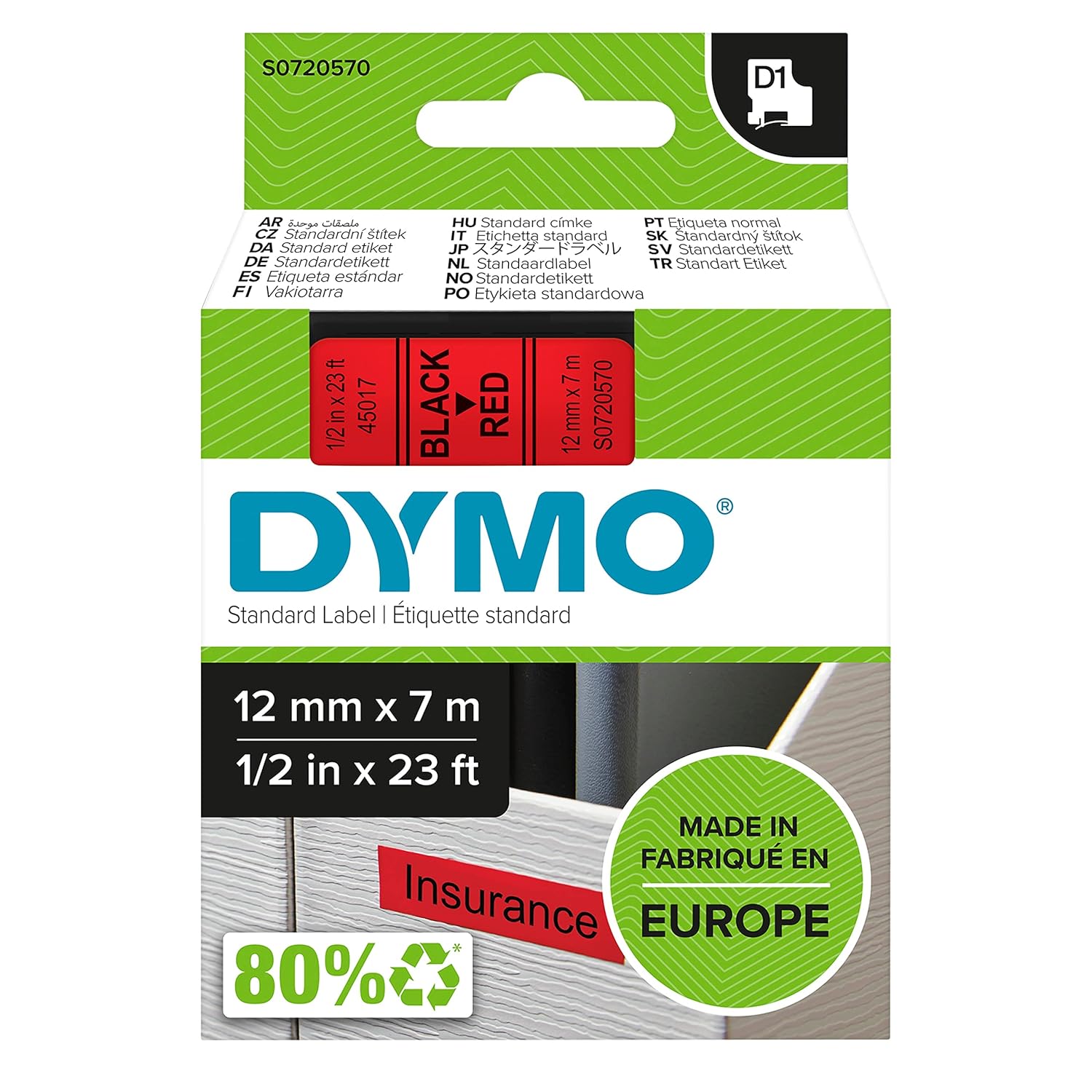 DYMO Authentic D1 Labels, 12mm x 7m Roll, Black Print on Red Tape, Self ...
