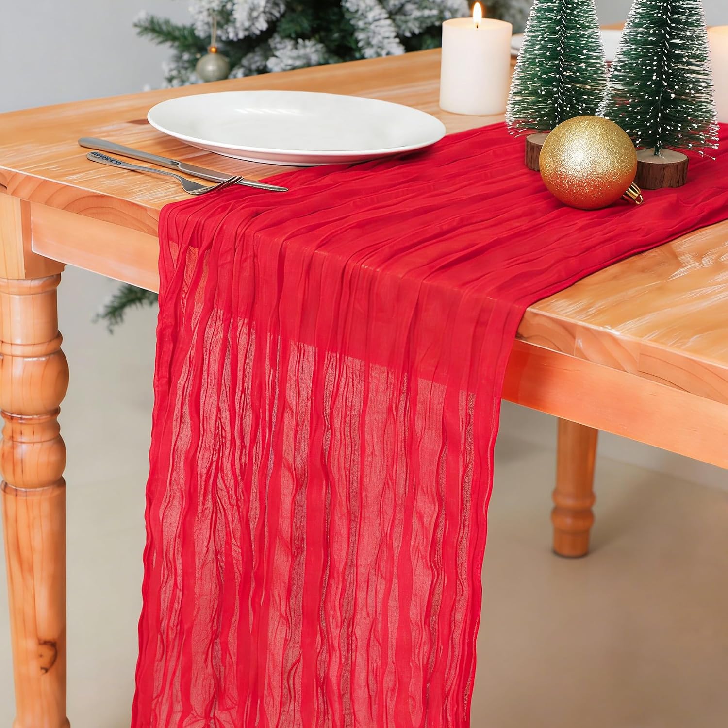 Snowkingdom 10 Ft Red Christmas Cheesecloth Table Runner, 120 inch Long ...