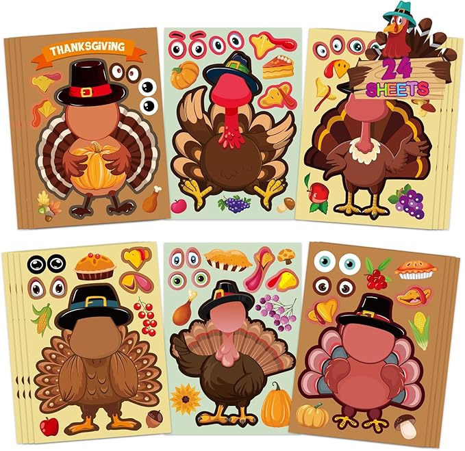 Amazon.com: 24Sheet Make-a-Turkey Stickers Thanksgiving Party Favors ...