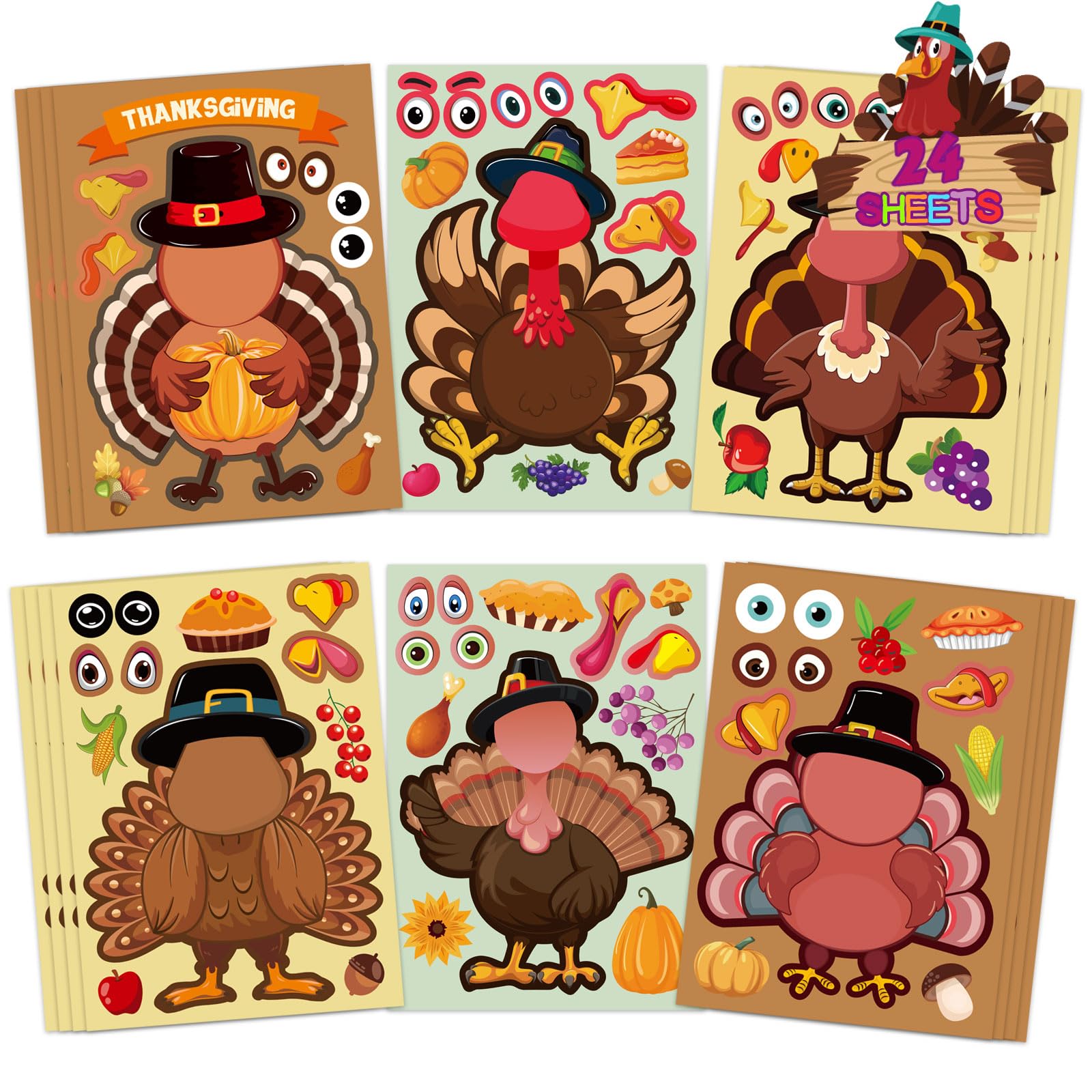 Amazon.com: 24Sheet Make-a-Turkey Stickers Thanksgiving Party Favors ...