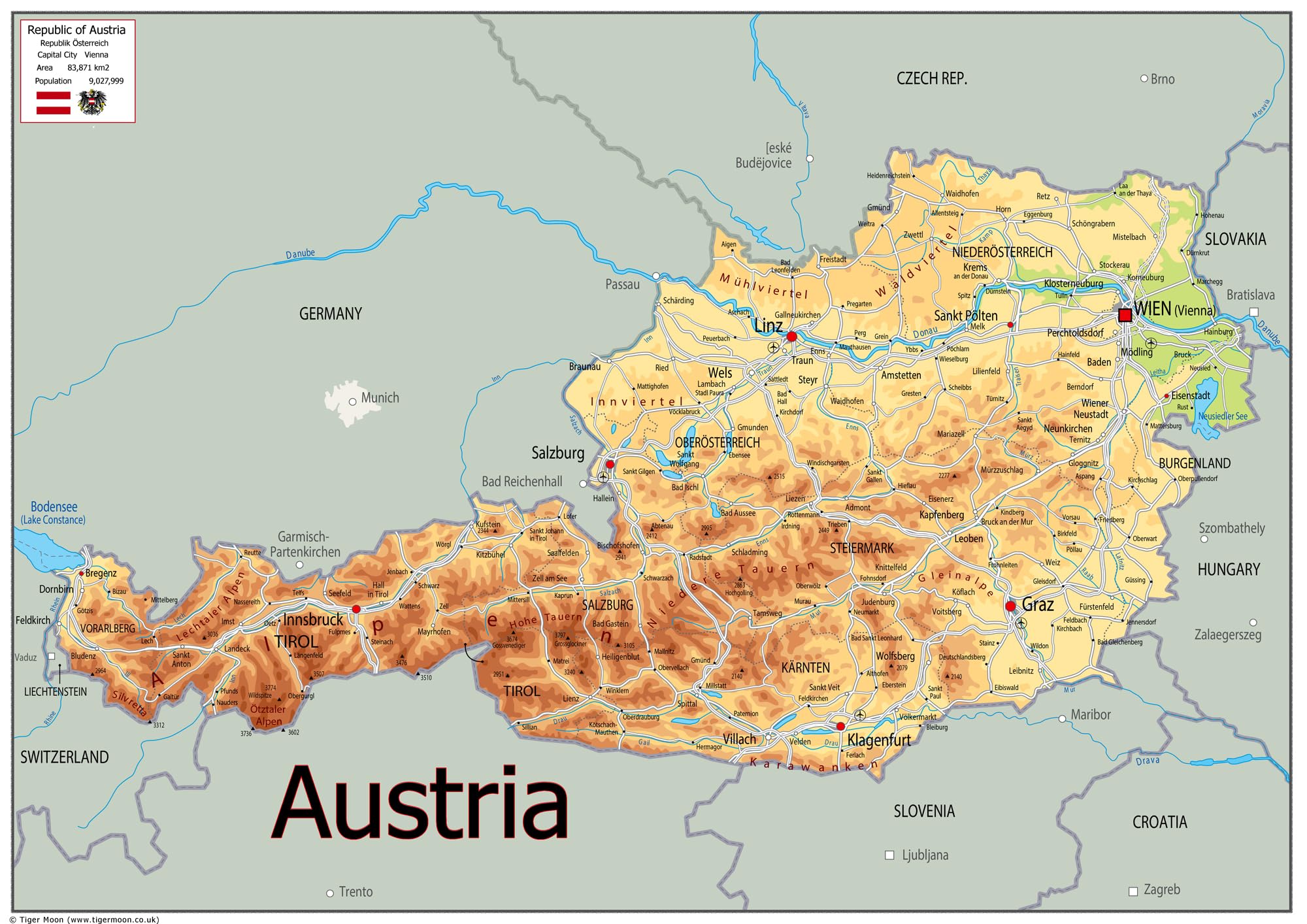 Physical Map of Austria - The Oxford Collection - Size A1 - Paper ...