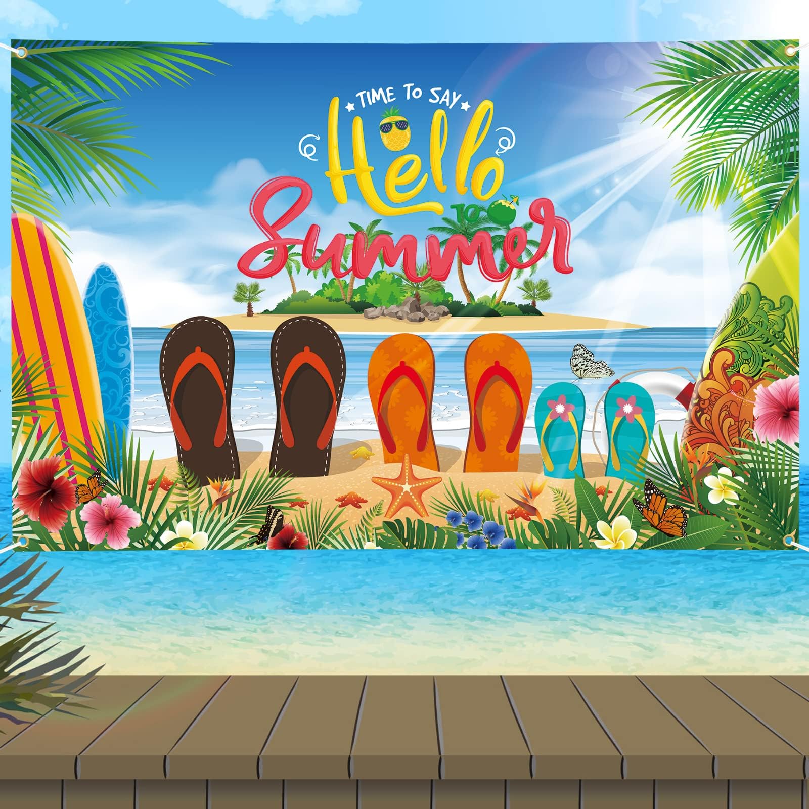 Amazon.com : Beach Backdrop Banner, Hello Summer Party Banner Large 71 ...