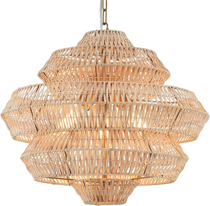 ELYCCUPA 22” Hand Woven Rattan Chandelier 5 Round Adjustable Boho ...