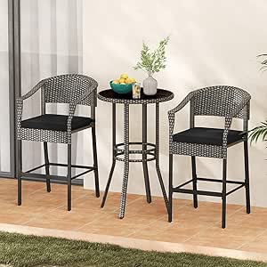 Amazon.com: RELAX4LIFE 3-Piece Outdoor Bar Set - Patio Wicker Rattan Bar Height Barstools w ...