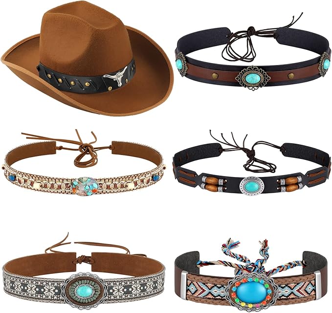 Amazon.com: Jeyiour Western Cowboy Hat with 6 Pcs Cowboy Hat Band ...