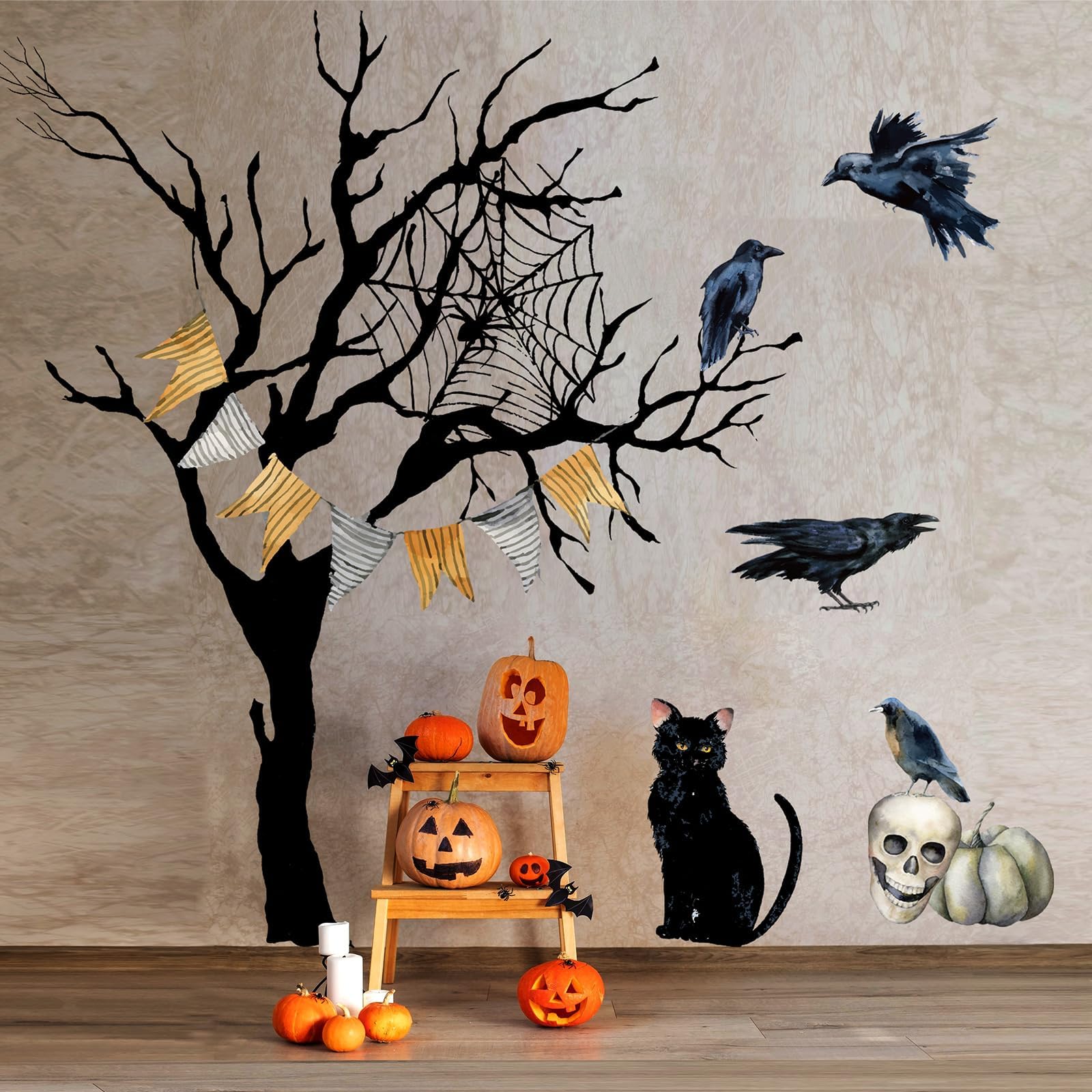 Amazon.com: Seajan 4 Sheets Halloween Wall Decals Halloween Black Wall ...