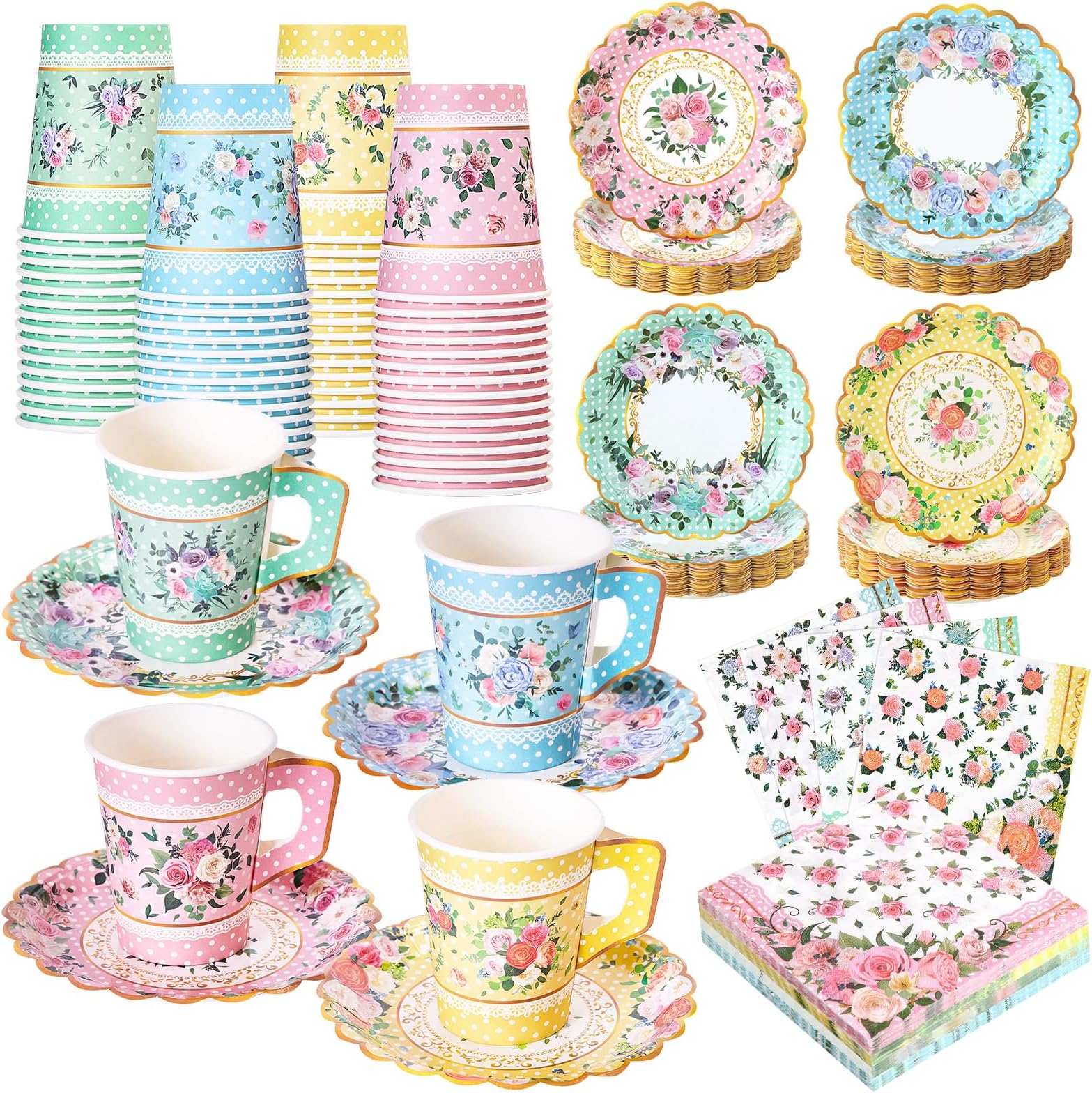 Amazon.com | 200 Pcs Disposable Tea Party Cups and Saucers Set, 50 ...