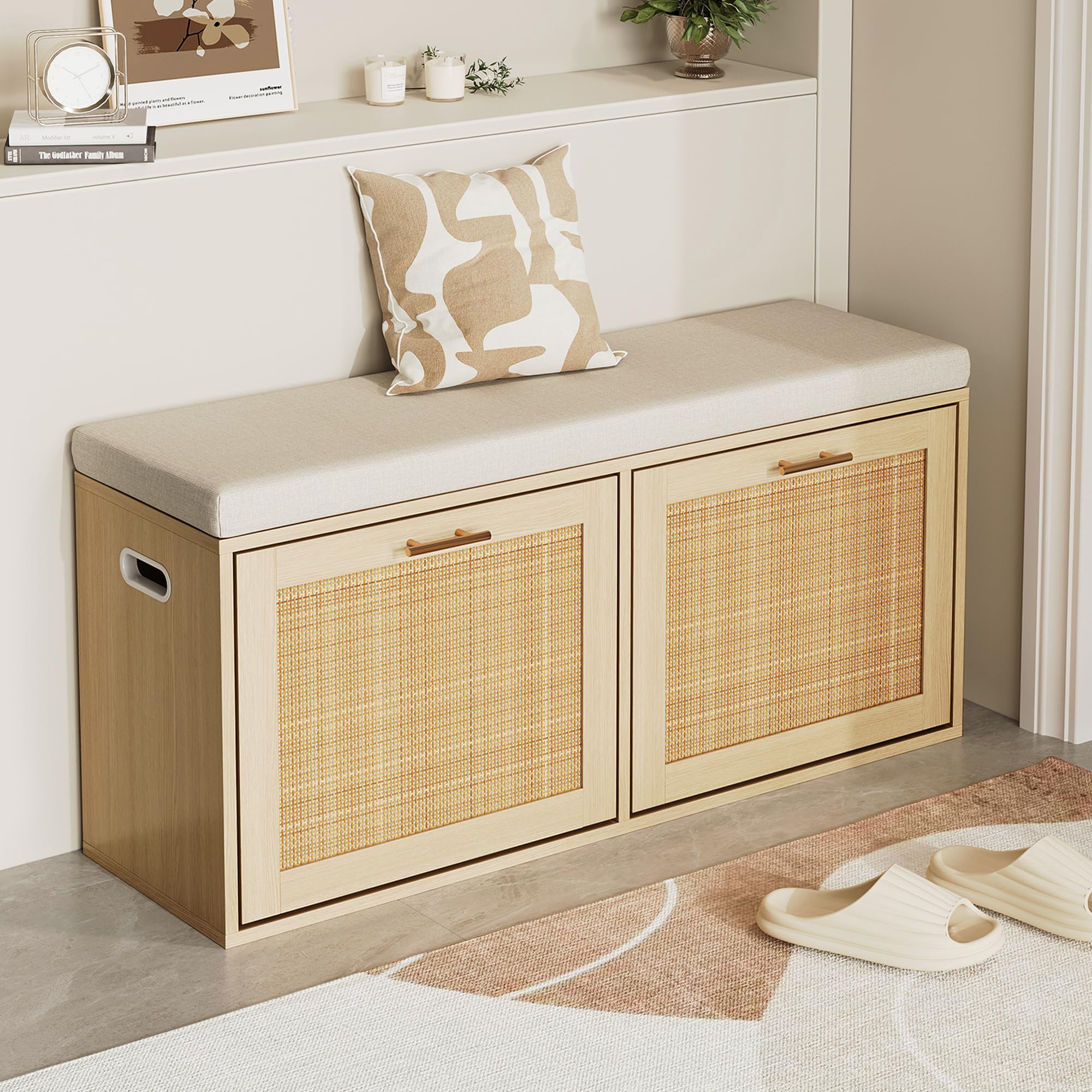 Amazon.com: Apicizon Rattan Shoe Storage Bench Whith Cushion, Wooden ...