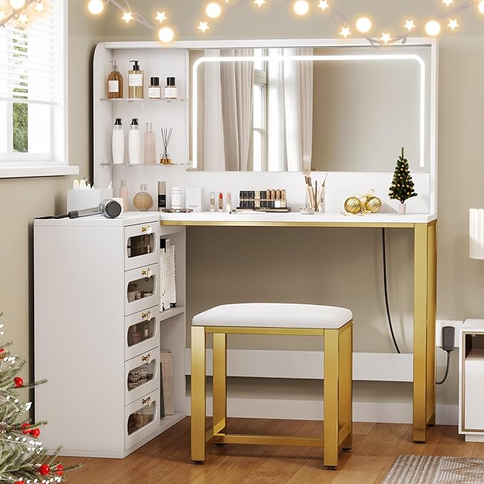 Amazon.com: DWVO Corner Makeup Vanity Desk with Lights and Mirror, 48 ...