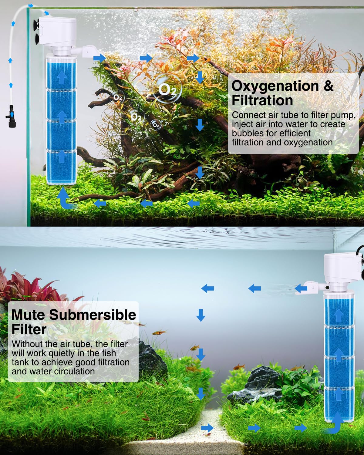 Aquarium Power Filter - Fish Tank Filter Aeration Adjustable for 40 to ...