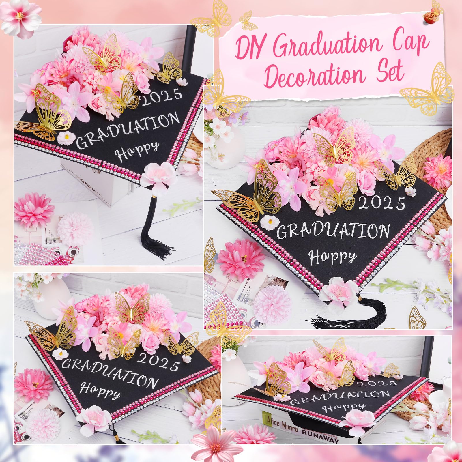 Pink Graduation Cap DIY Kit 2025 With Flowers Butterflies Pink ...