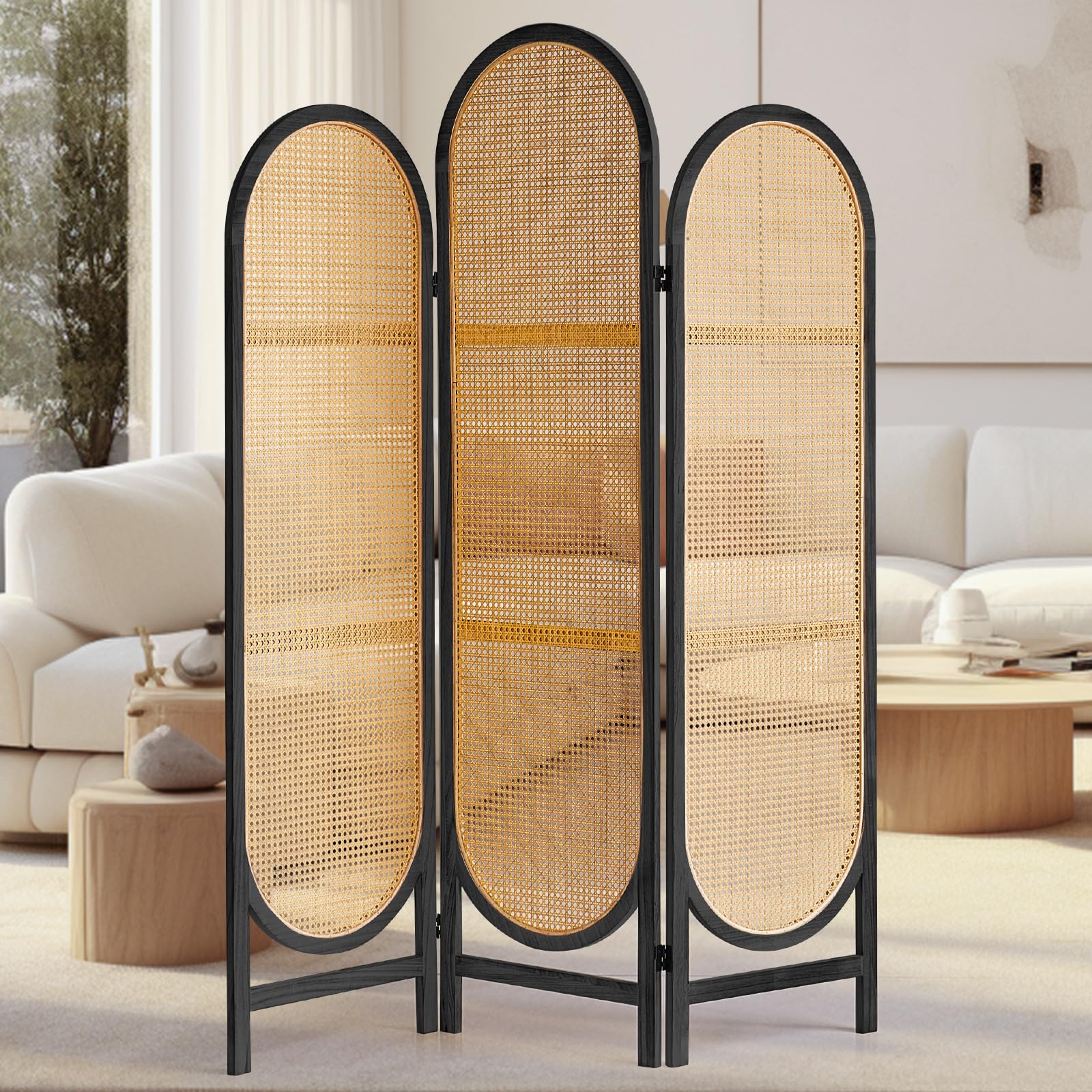 Room Divider 3 Panel, Hand-Woven Rattan Room Divider with Wooden Frame ...