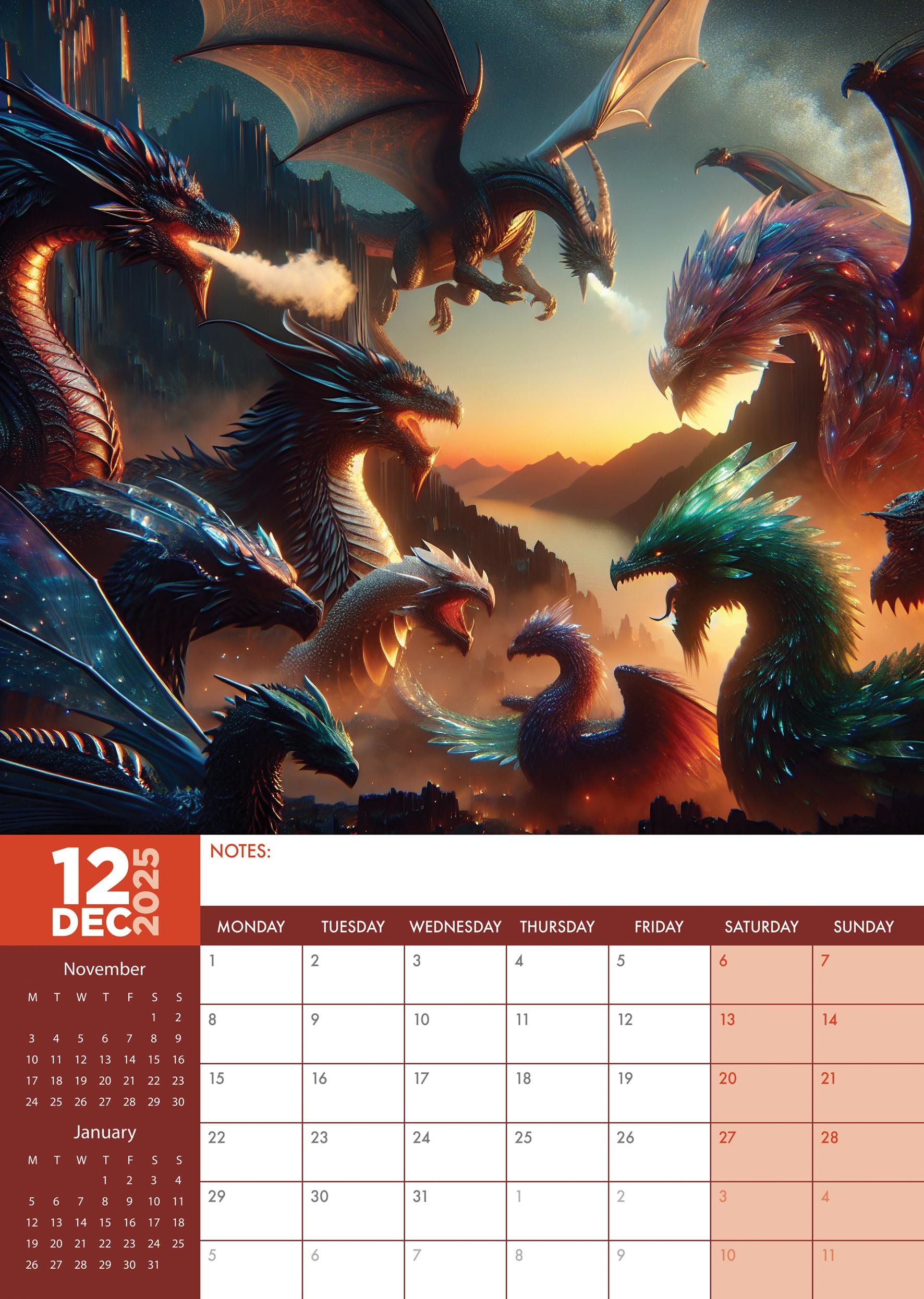 Dragons Calendar 2025 – A3 Size Wirobound Calendar – BigaMart