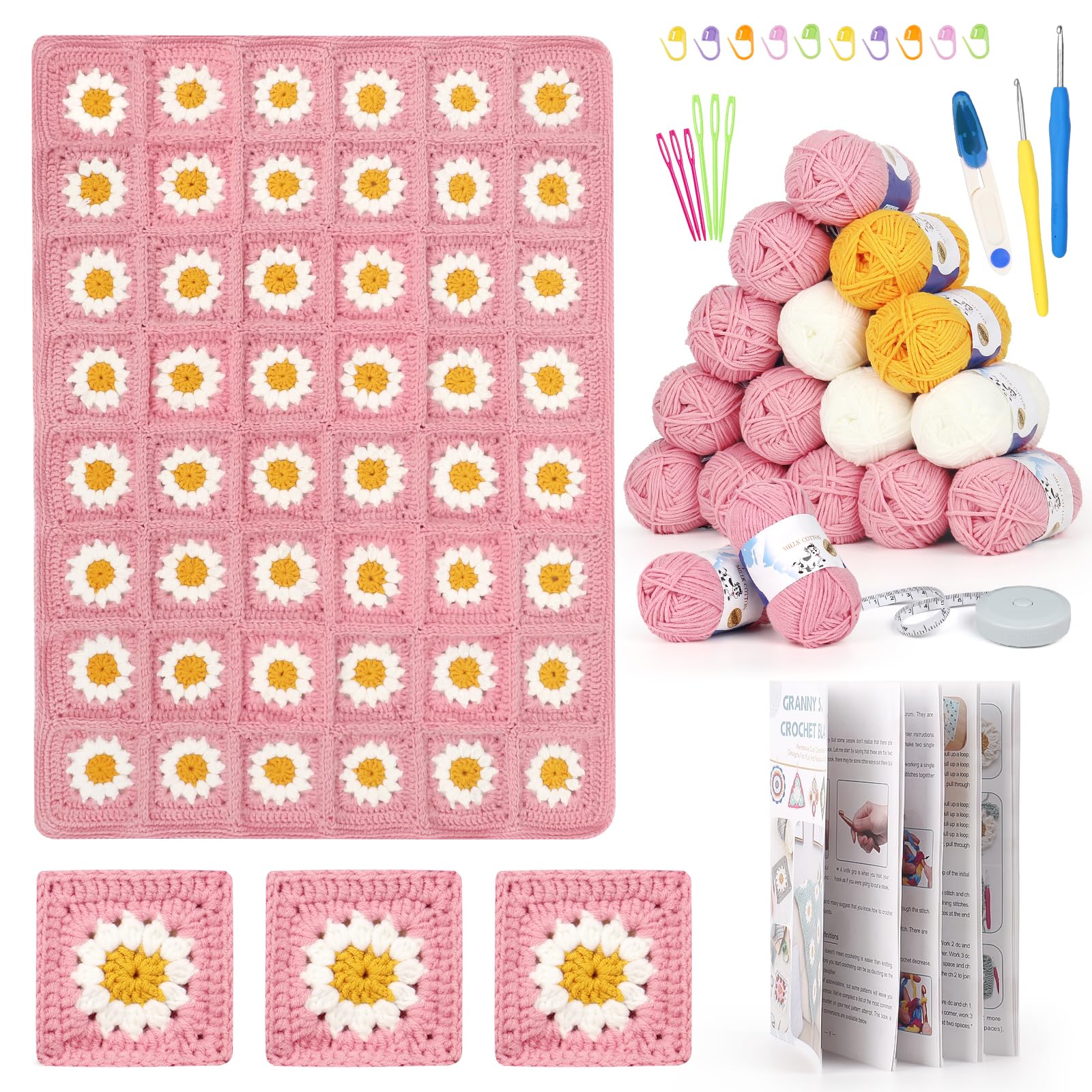 Reessy Crochet Kits for Beginners Adults, Daisy Granny Square Blanket ...