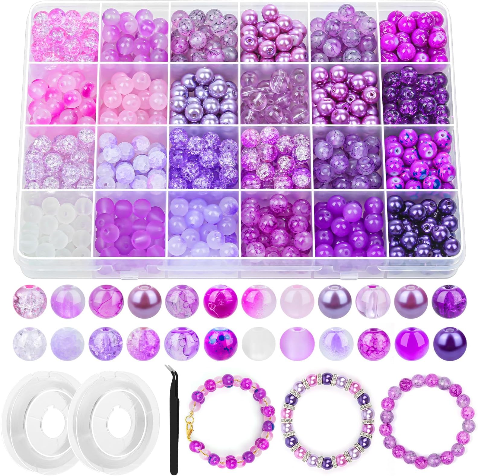 720pcs Glass Beads for Jewelry Making 8mm, 24 Colors Bead Bracelet ...