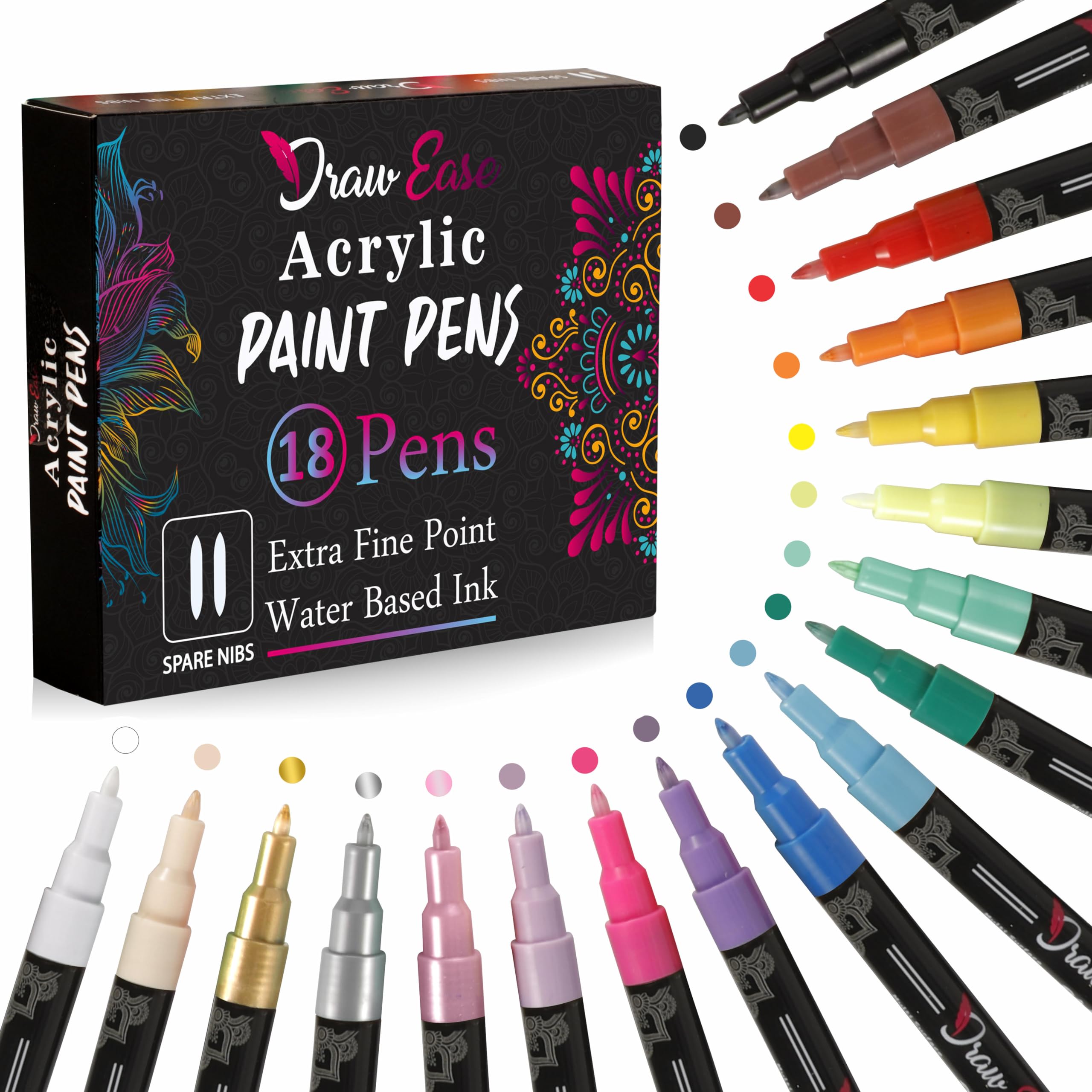 Draw Ease Acrylic Paint Pens Set of 18 Colors, 0.7mm Tip Glass Pens ...