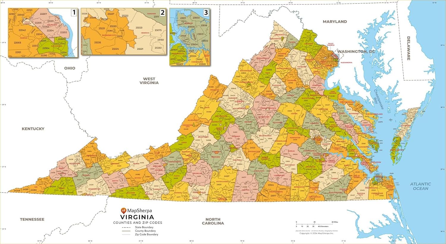 Amazon.com : Virginia ZIP Code Map with Counties - Large - 26.25 x 48 ...