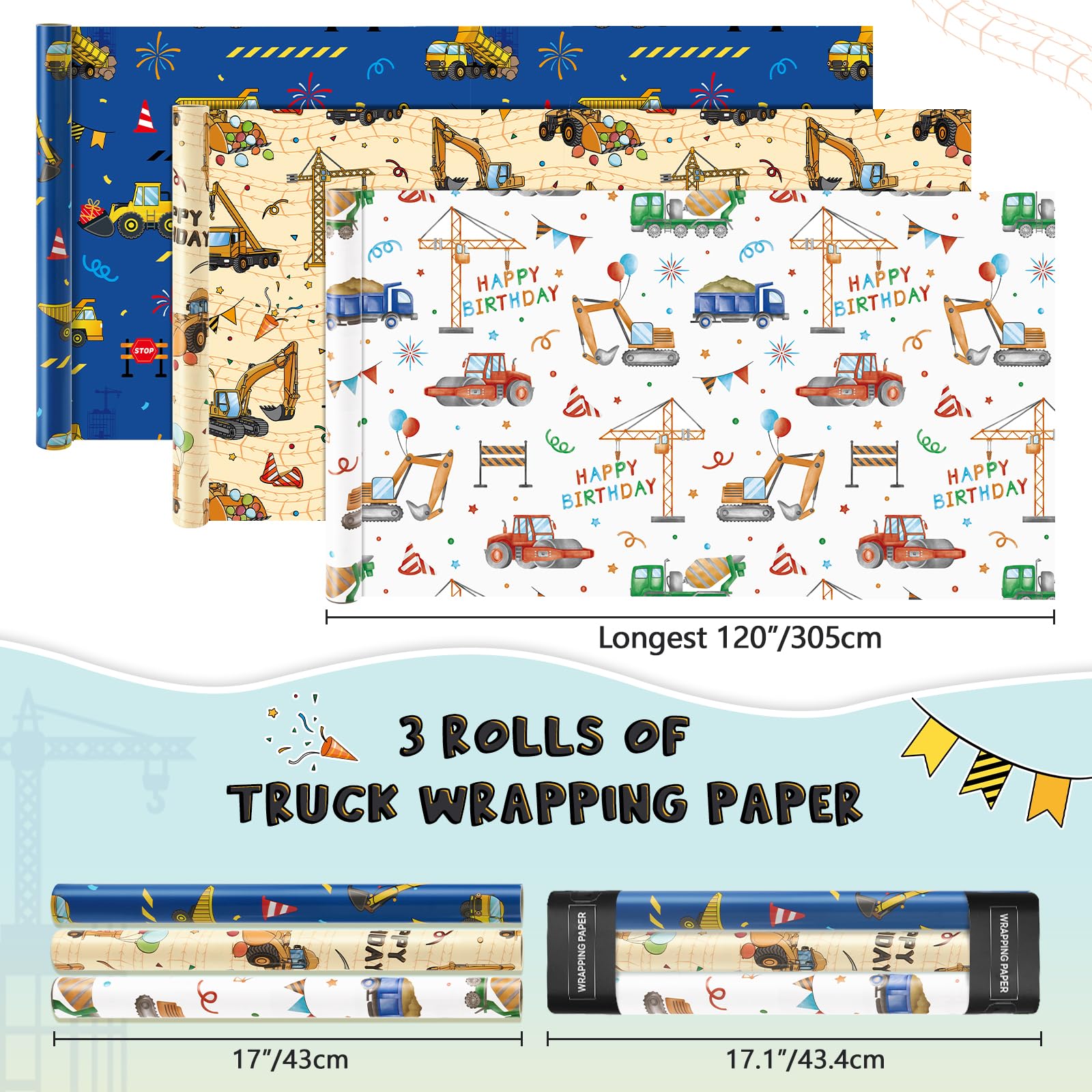 Snapklik.com : WERNNSAI Construction Wrapping Paper Rolls - 3 Short ...